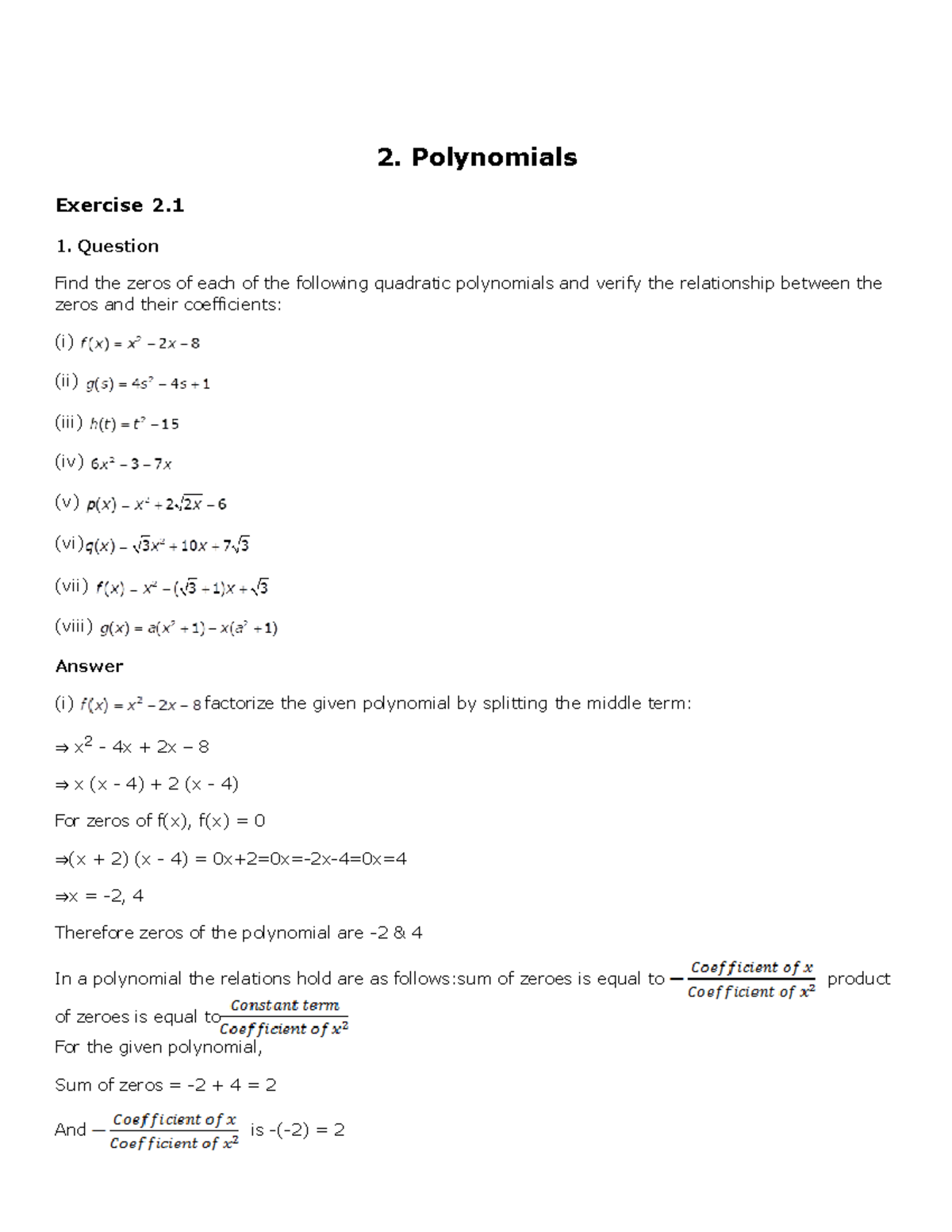Polynomials Exercise 2.1: Finding Zeros and Their Relationships - Studocu