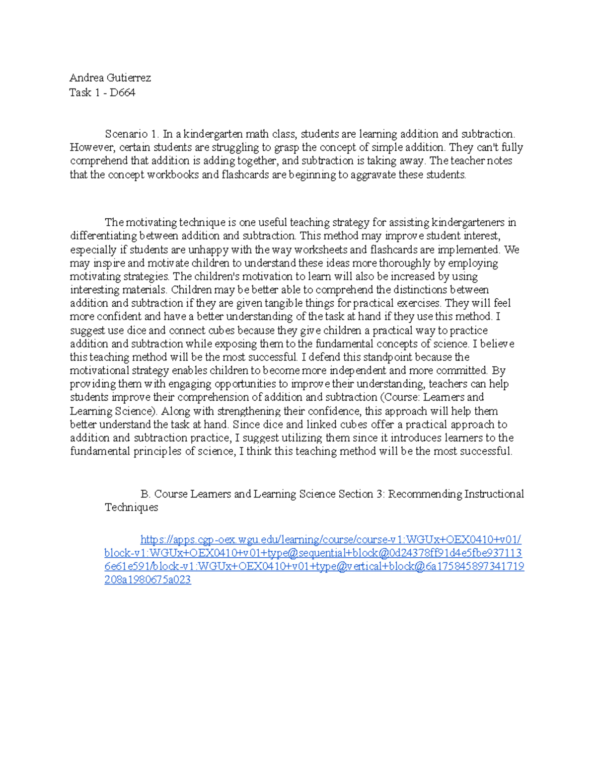 D664 Task 1: Motivating Strategies for Teaching Addition & Subtraction - Studocu