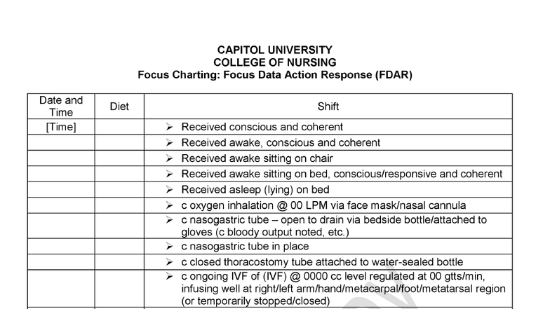 CAPITOL UNIVERSITY COLLEGE OF NURSING Focus Charting: FDAR Nursing ...