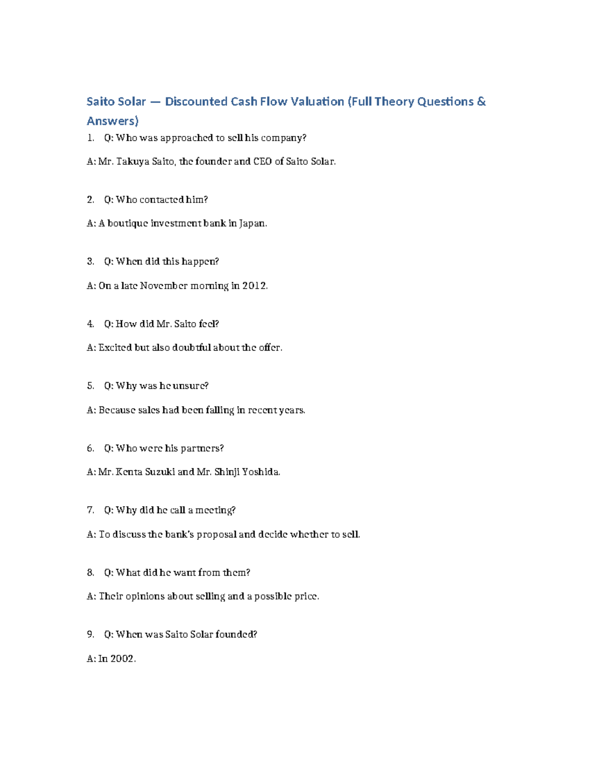 Saito Solar DCF Valuation: Full Theory Q&A Insights - Studocu