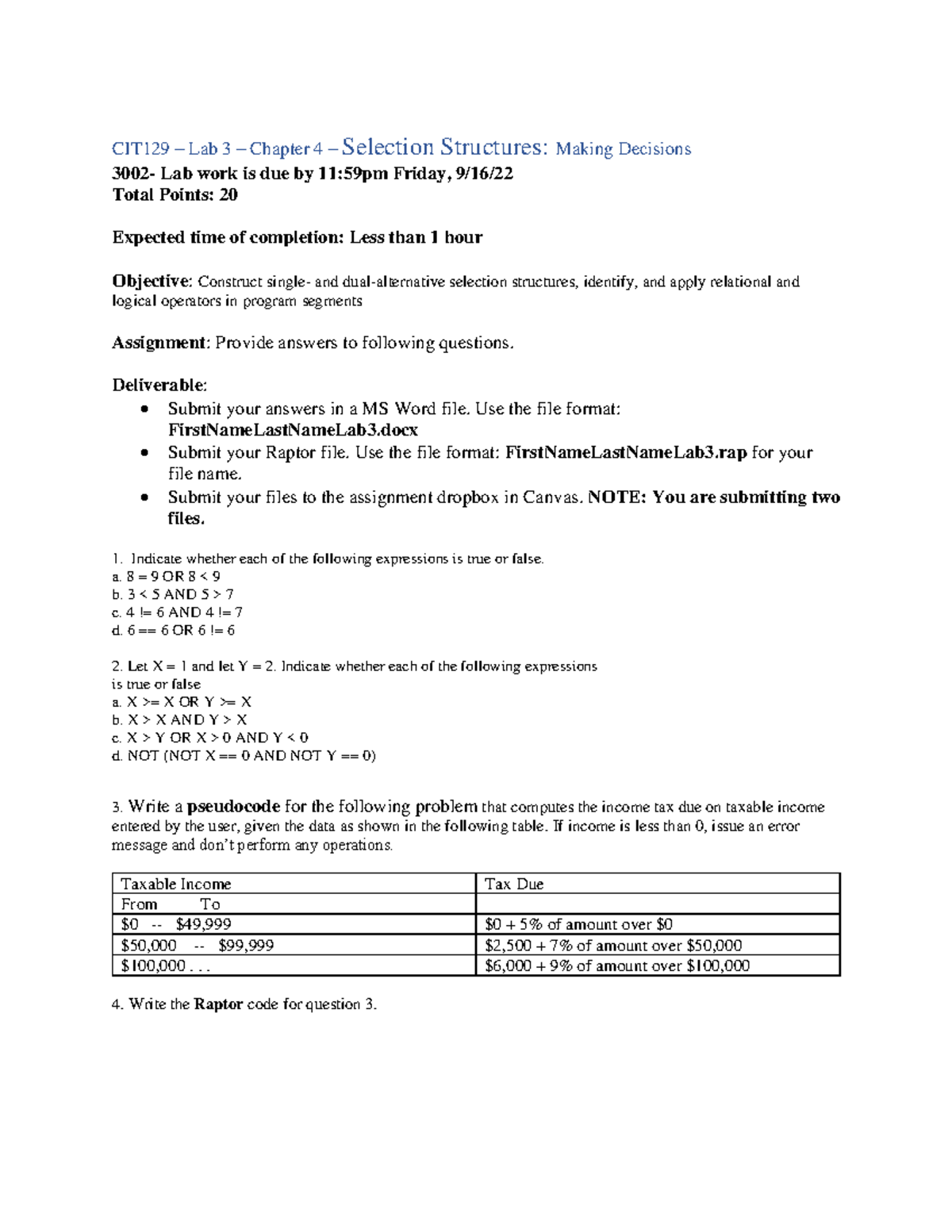 Cit129 lab3 3002-1 - assignment - CIT129 – Lab 3 – Chapter 4 – Selection Structures: Making ...