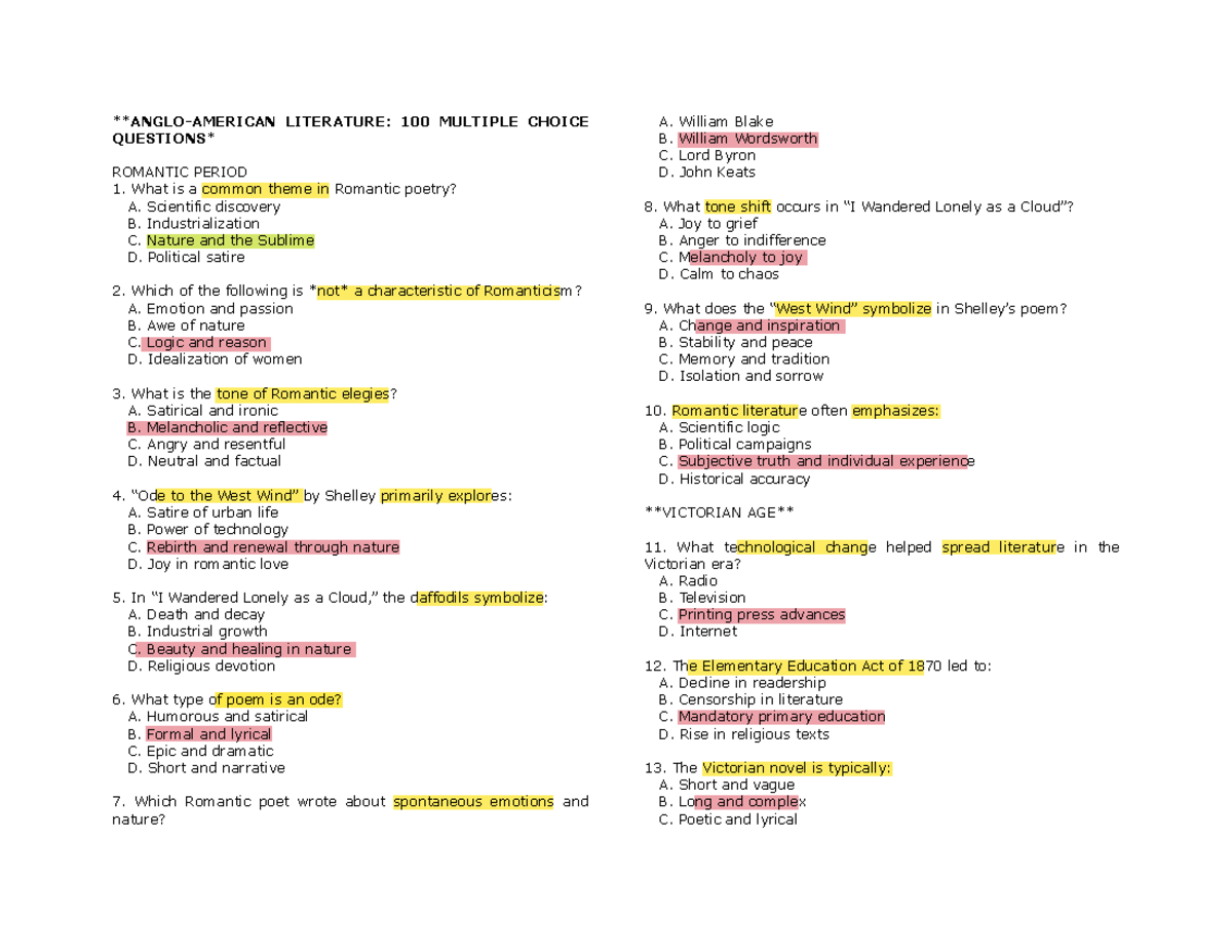 ENG-115: 100 MCQs on Romantic & Modern Literature Themes - Studocu