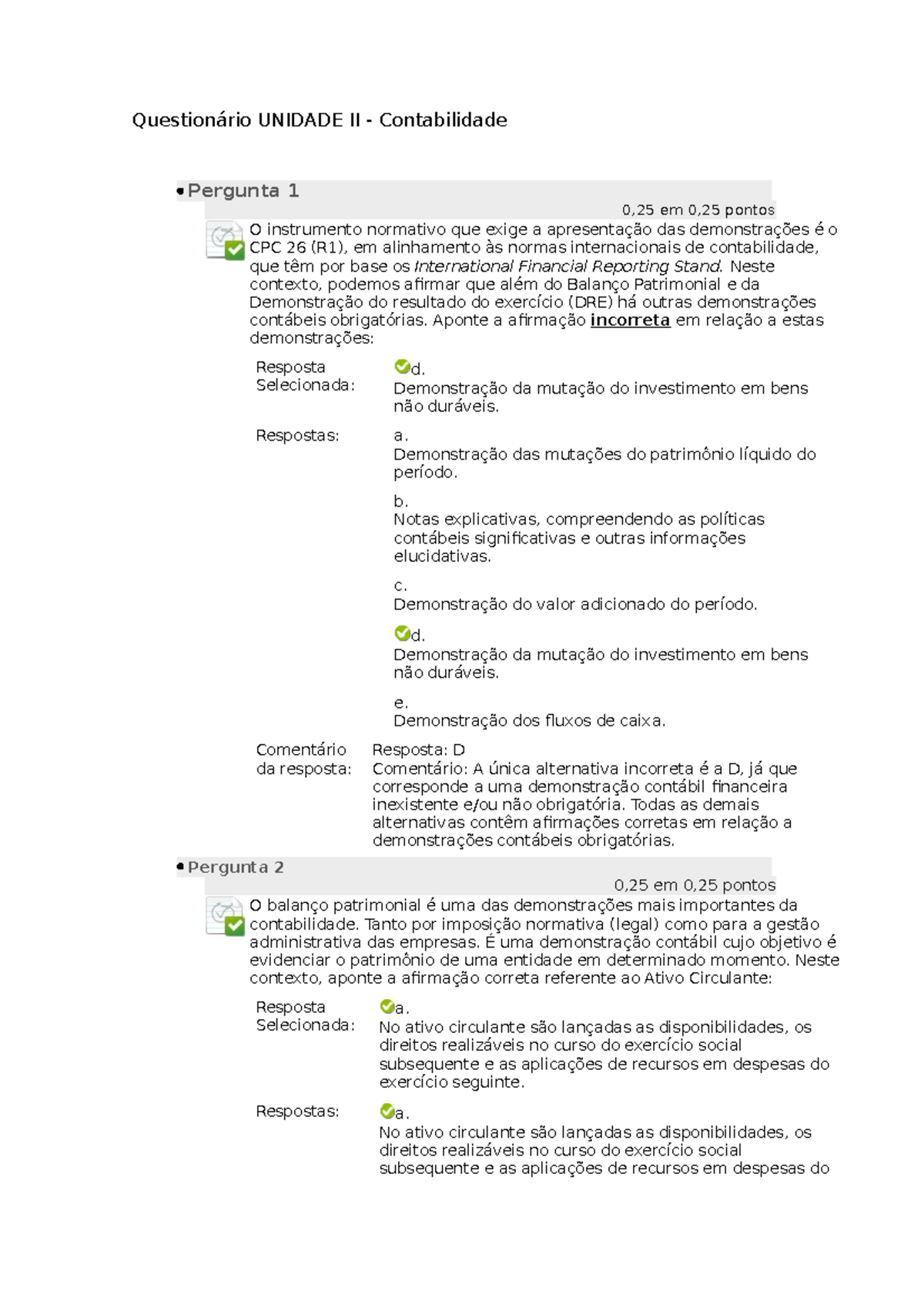 Questionário Final - Contabilidade: Unidade II - Unid 2 - Studocu
