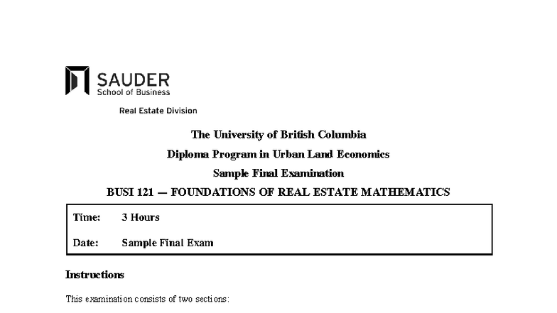 BUSI 121 Sample Final Exam: Foundations of Real Estate Mathematics ...