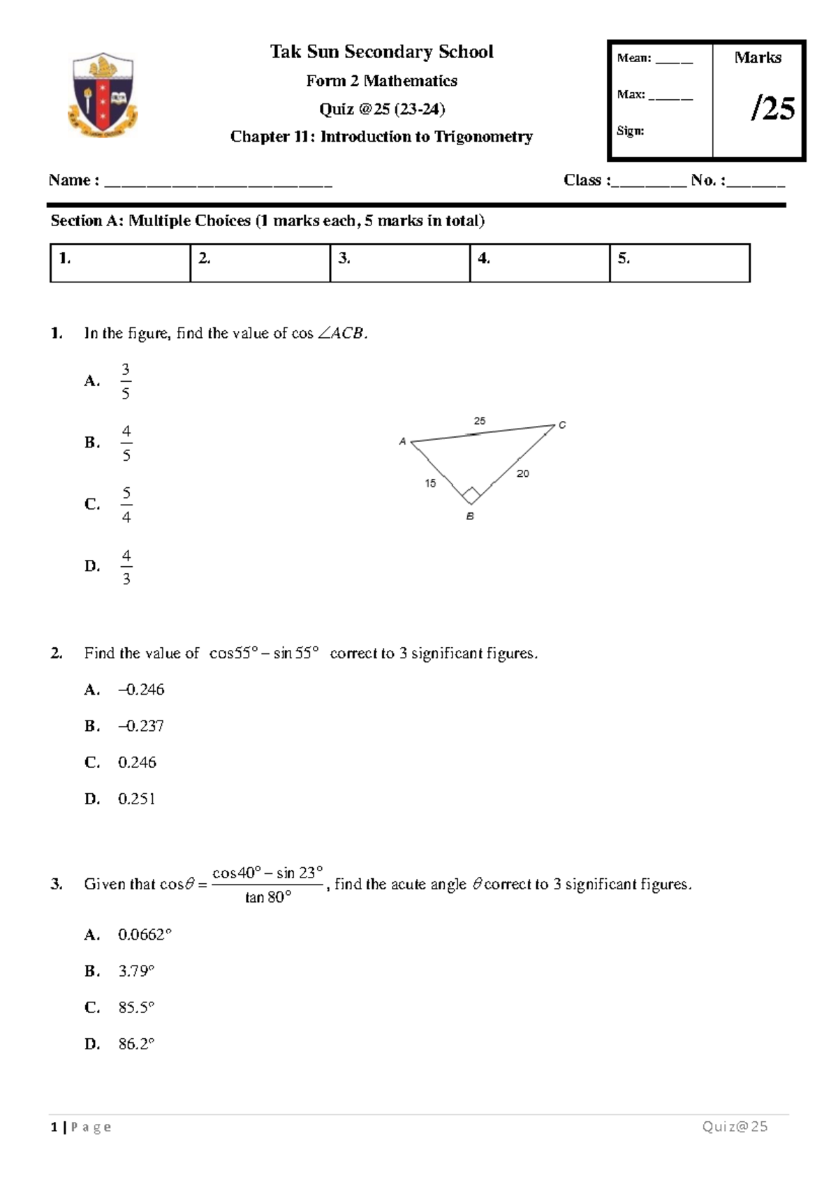F2 Quiz 11: Introduction to Trigonometry (25 Marks) - Studocu