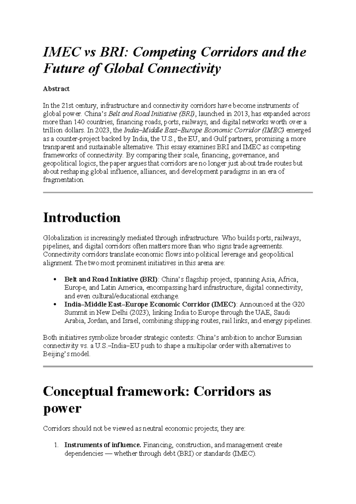 IMEC vs BRI: Competing Corridors in Global Connectivity (Dfpgyf) - Studocu