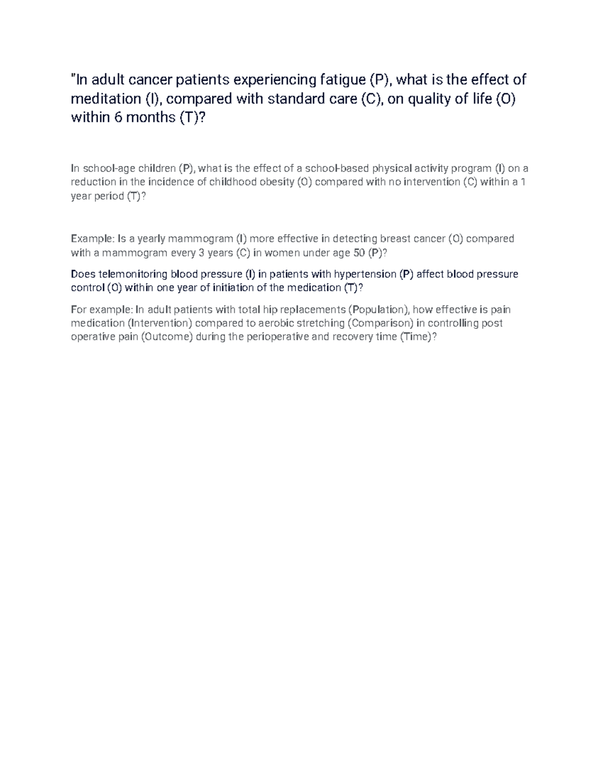 PICOT Question Examples for Health Research & Patient Care - Studocu