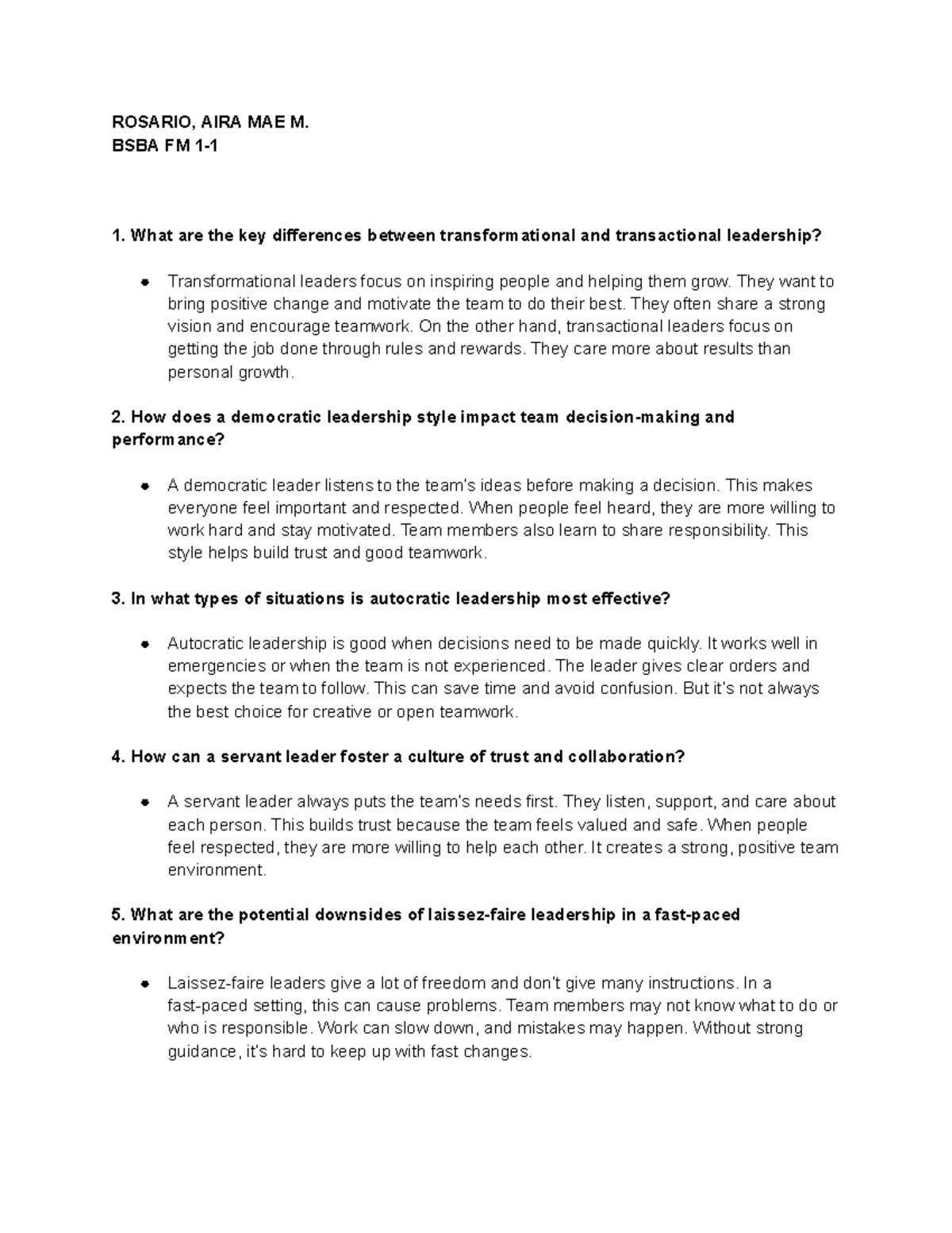 BSBA FM 1: Leadership Styles & Their Impact on Team Dynamics - Studocu
