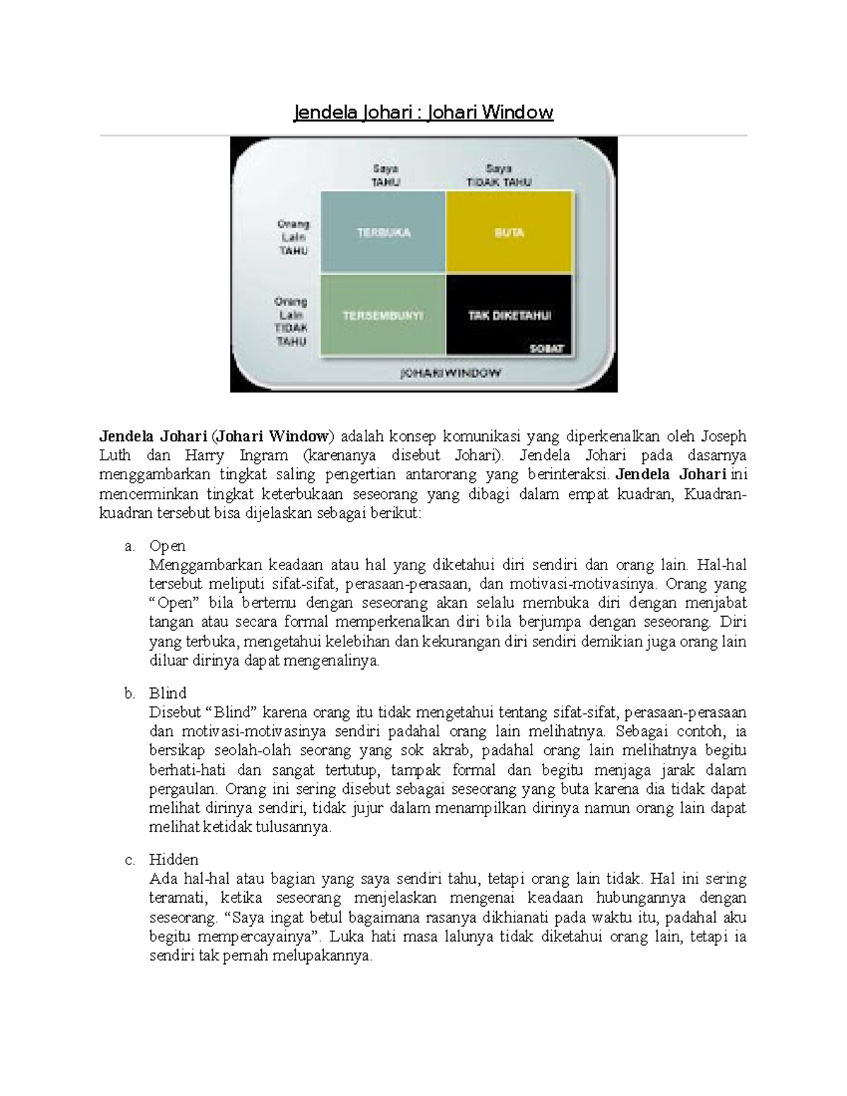 Jendela Johari: Memahami Teori Johari Window dalam Komunikasi - Studocu