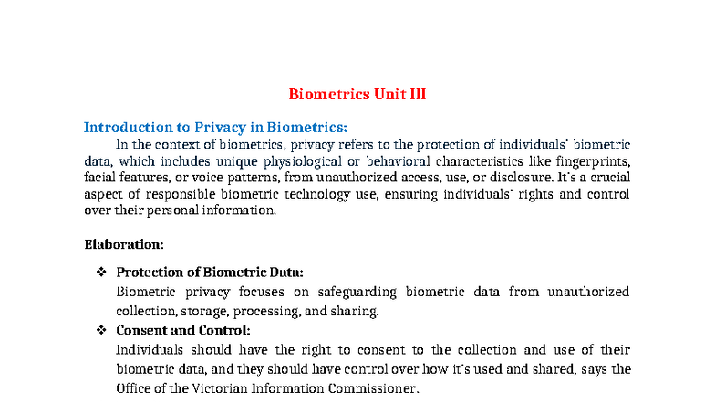 Biometrics Unit III-1: Privacy and Security in Biometric Systems - Studocu
