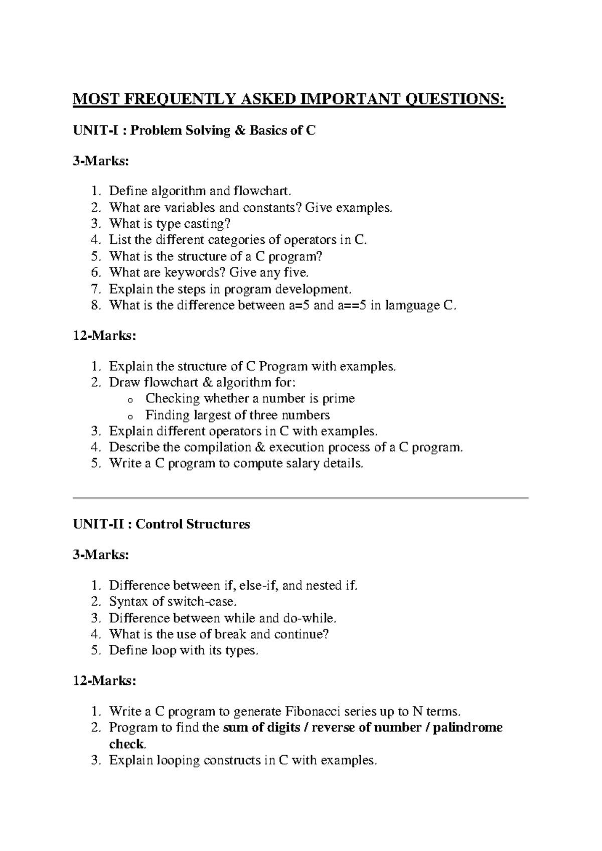 Unitwise Important Questions & One-Liners for C Programming CS25C01 ...