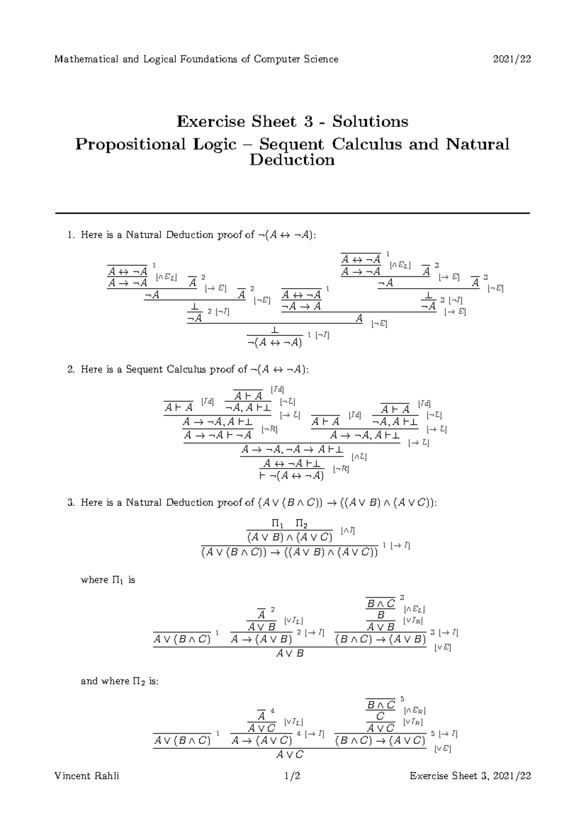 Exercise sheet solutions - Sequent Calculus and Natural Deduction ...