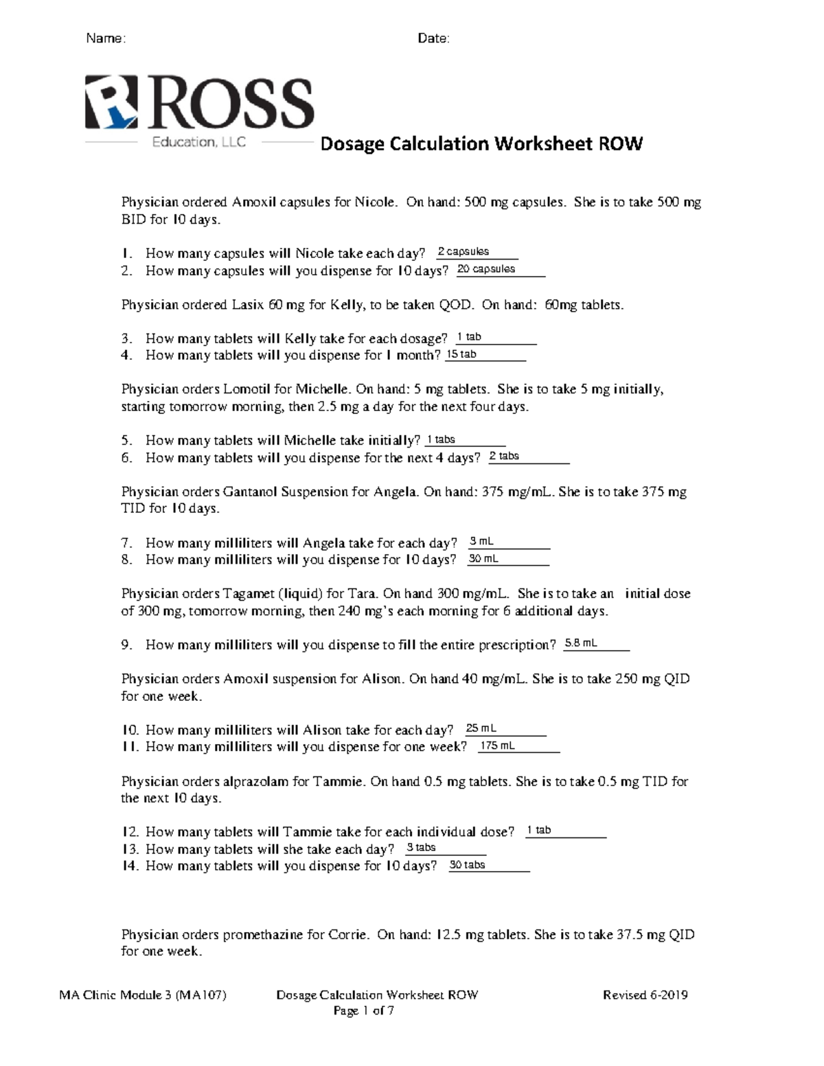 MA107 Module 3 Dosage Calculation Worksheet Revision 6 - Studocu