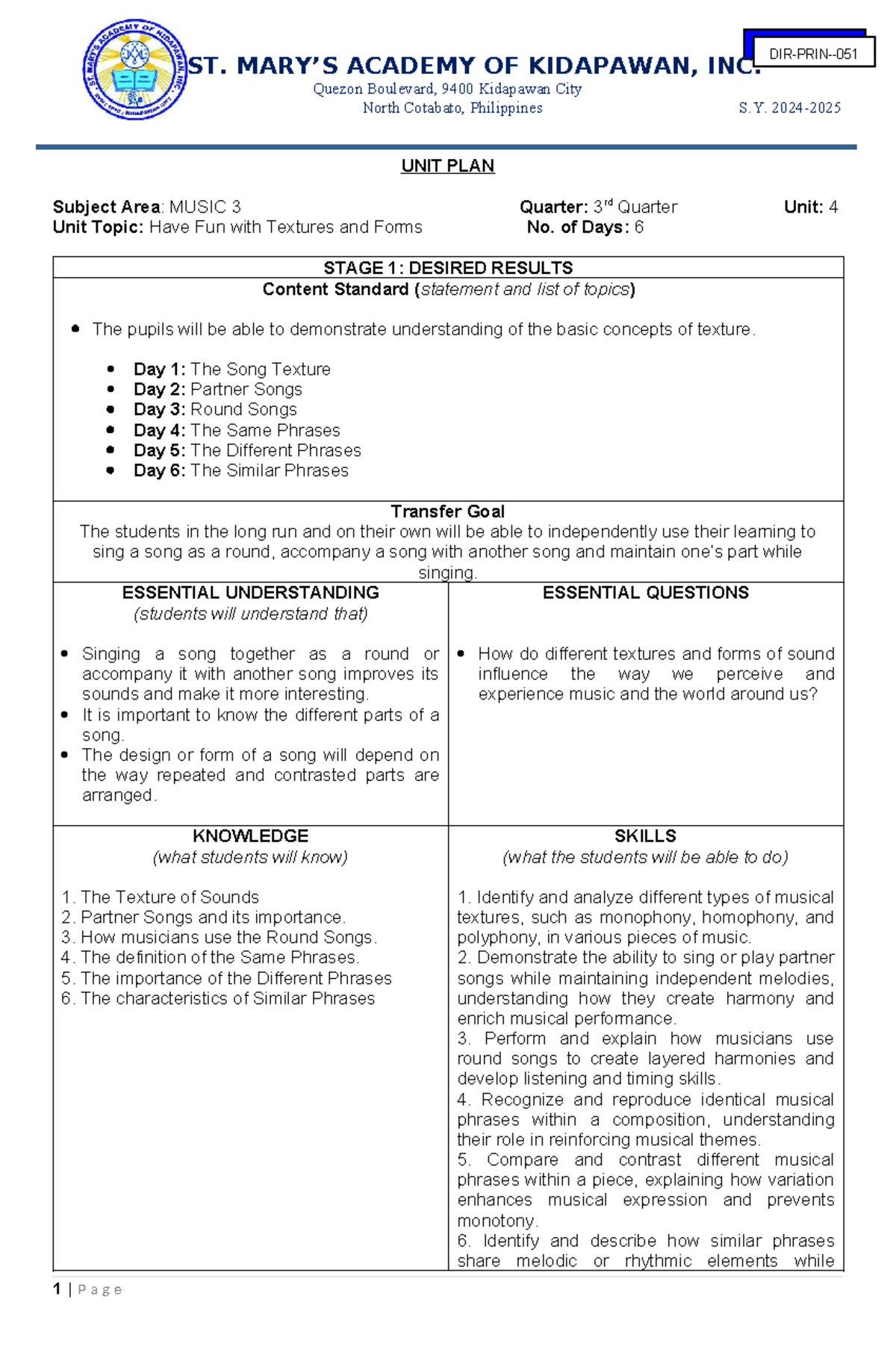 MUSIC 3 Unit 4 Plan: Exploring Textures and Forms in Songs - Studocu