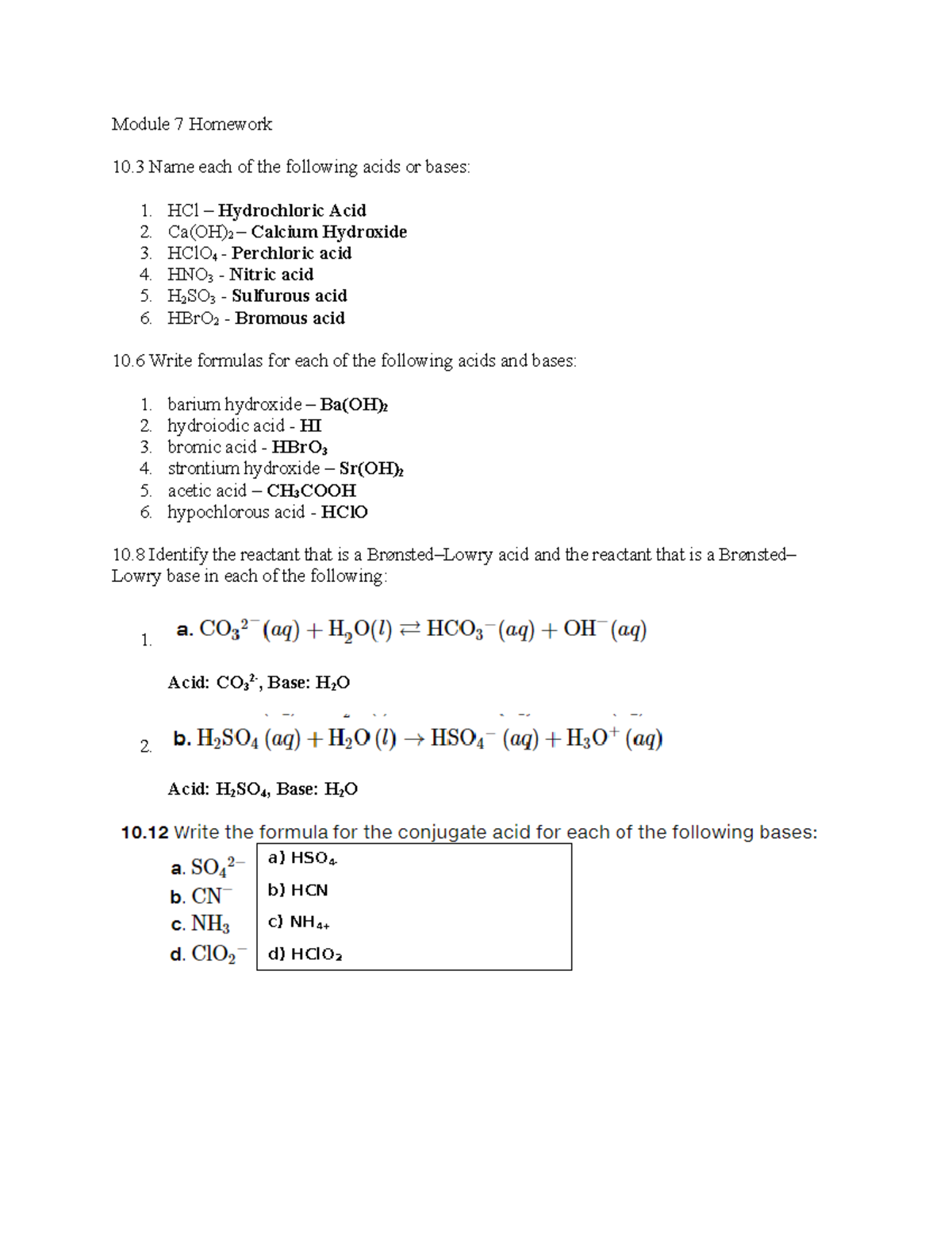 Module 7 Homework - Acids & Bases - Module 7 Homework 10 Name each of ...