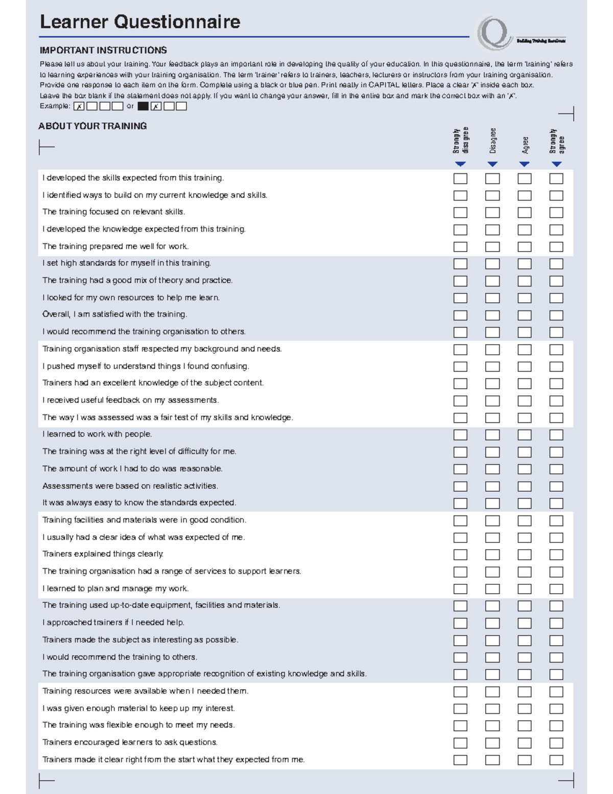 AQTF Learner Questionnaire: Feedback on Training Experience - Studocu