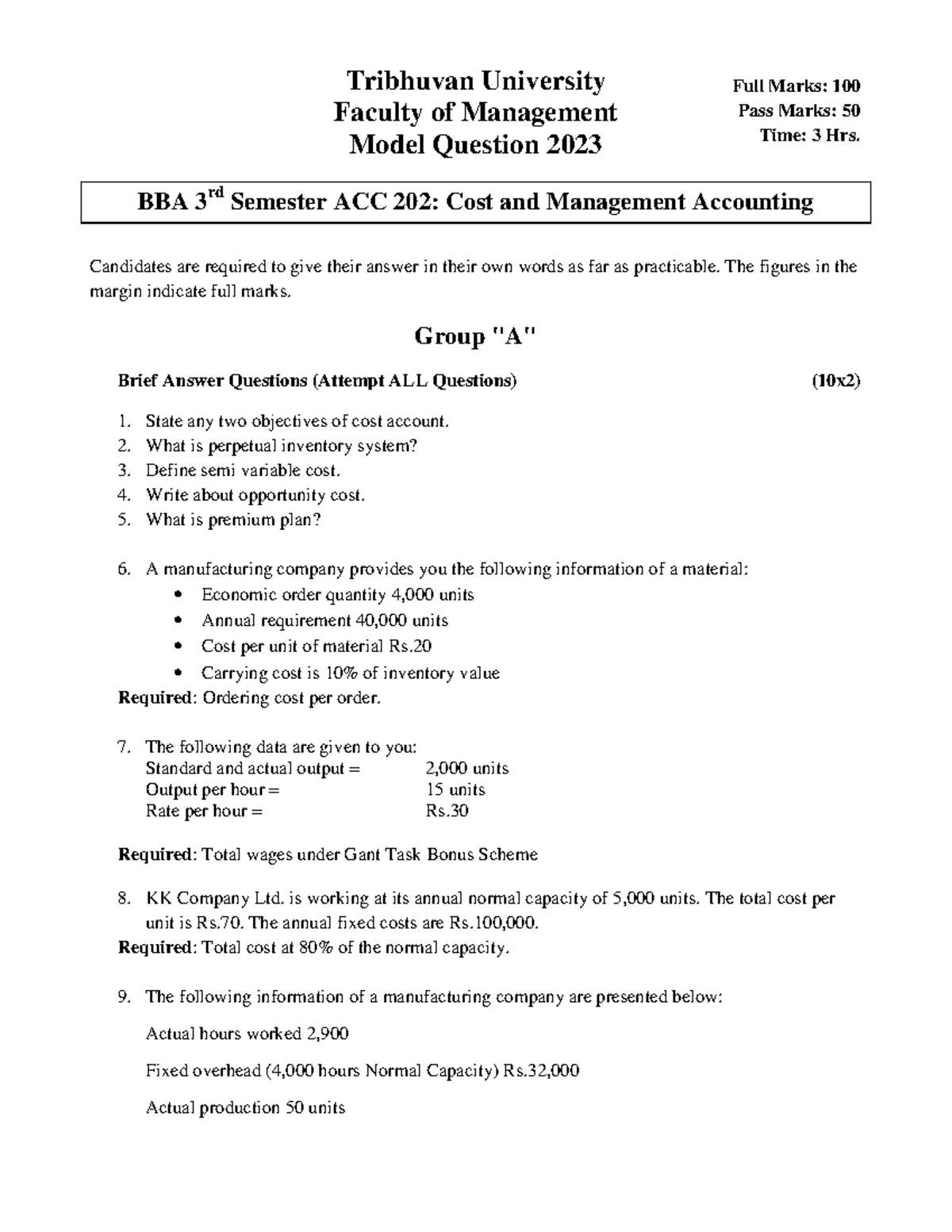 Model Questions for BBA 3rd Sem: ACC 202 Cost and Management Accounting ...