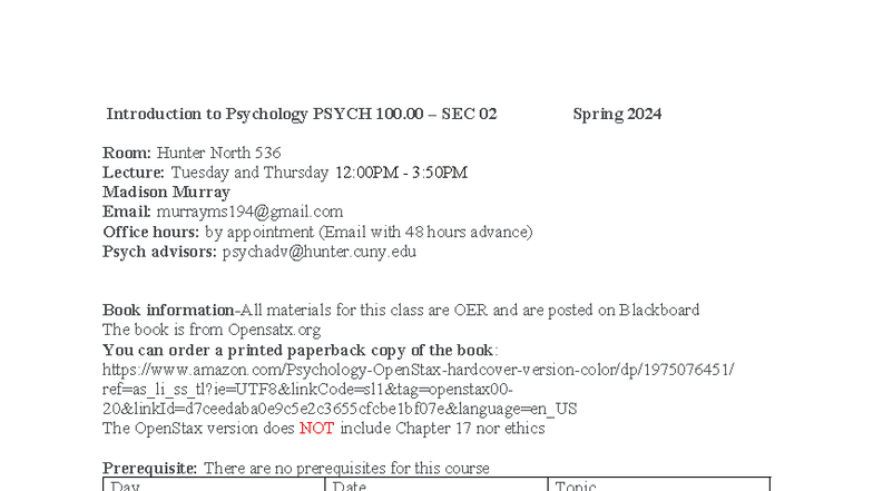 Introduction to Psychology PSYCH 100.00 SEC 02 Spring 2024 Syllabus ...