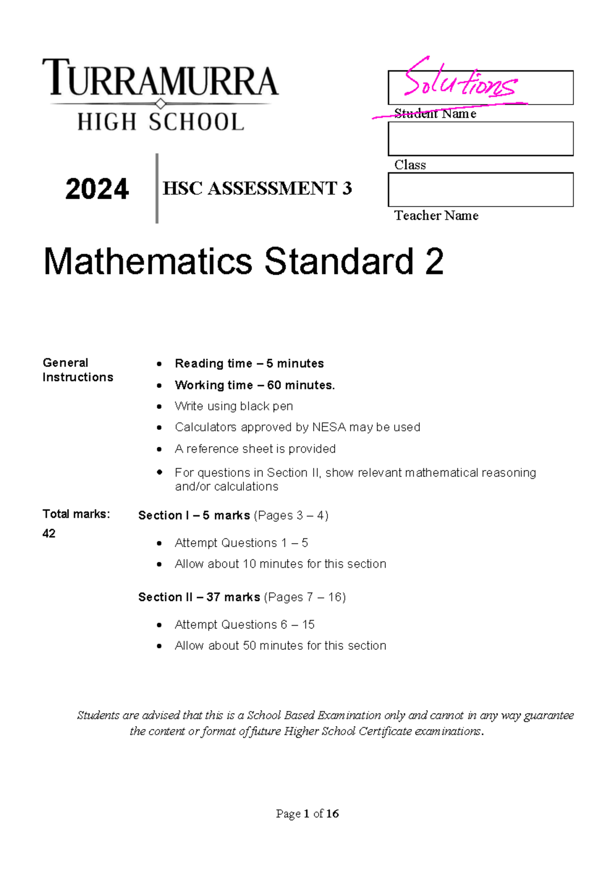 2024 Y12 Mathematics Standard 2 Assessment 3 Solutions Guide - Studocu