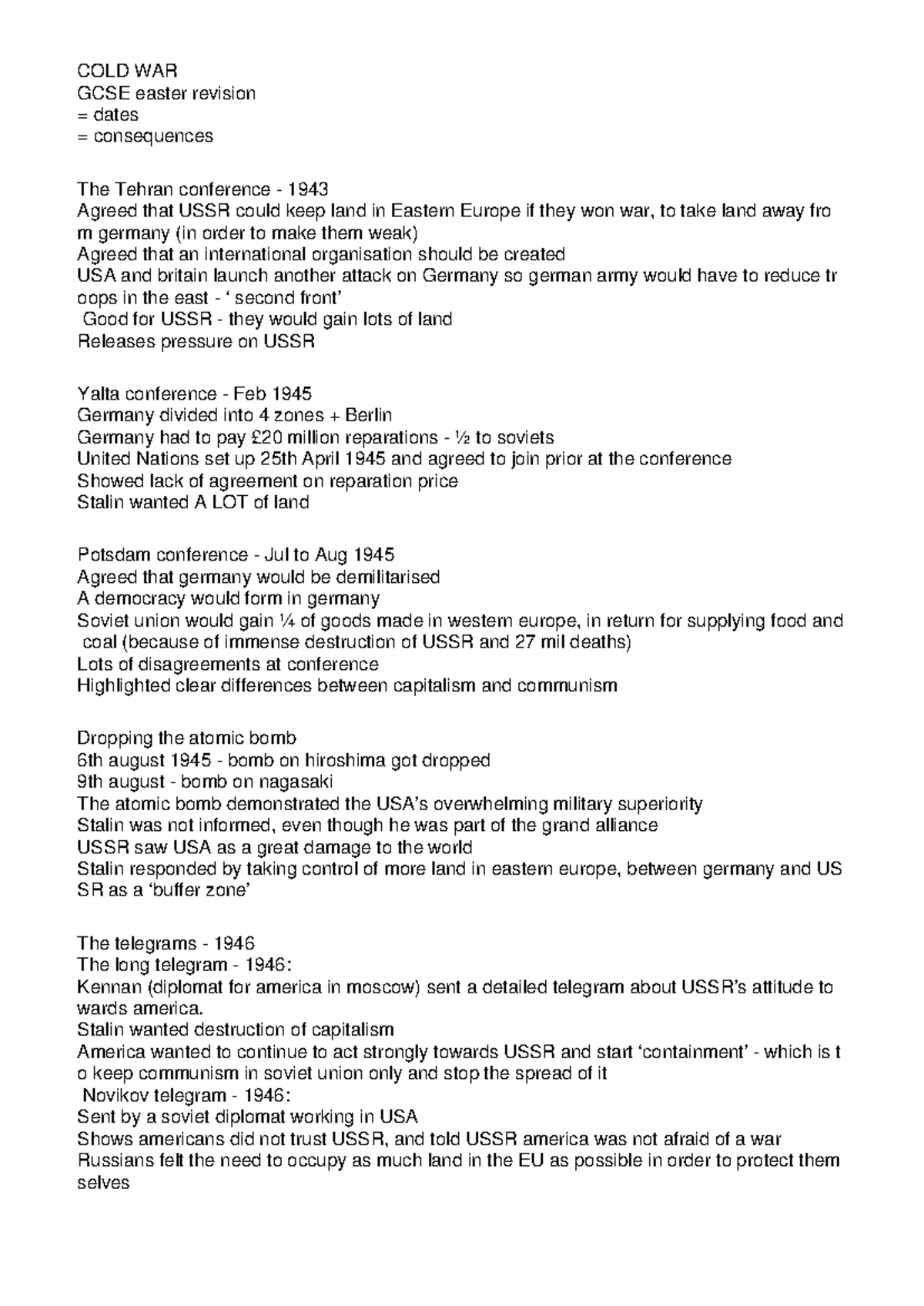 COLD WAR GCSE Revision Notes: Key Events and Consequences - Studocu