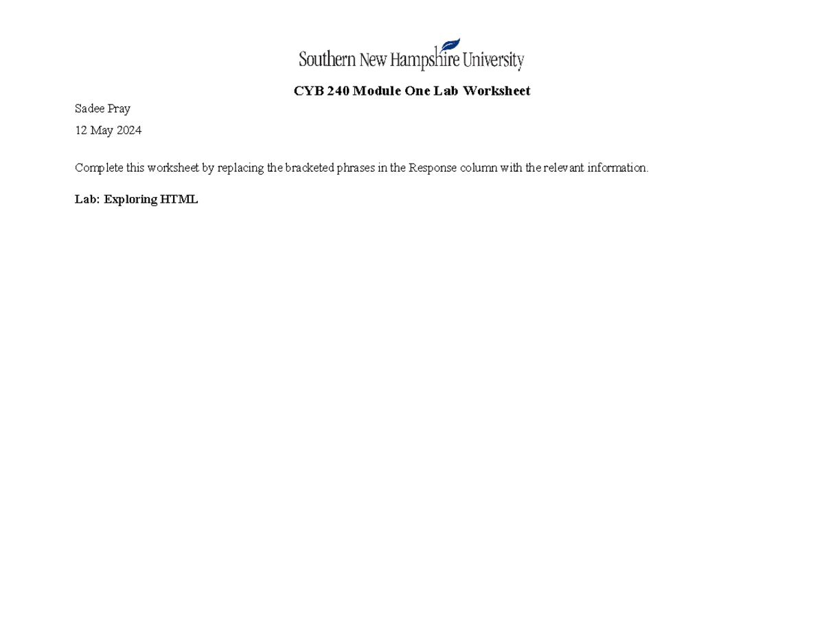 CYB-240 Module 1 Lab Worksheet: Exploring HTML Fundamentals - Studocu