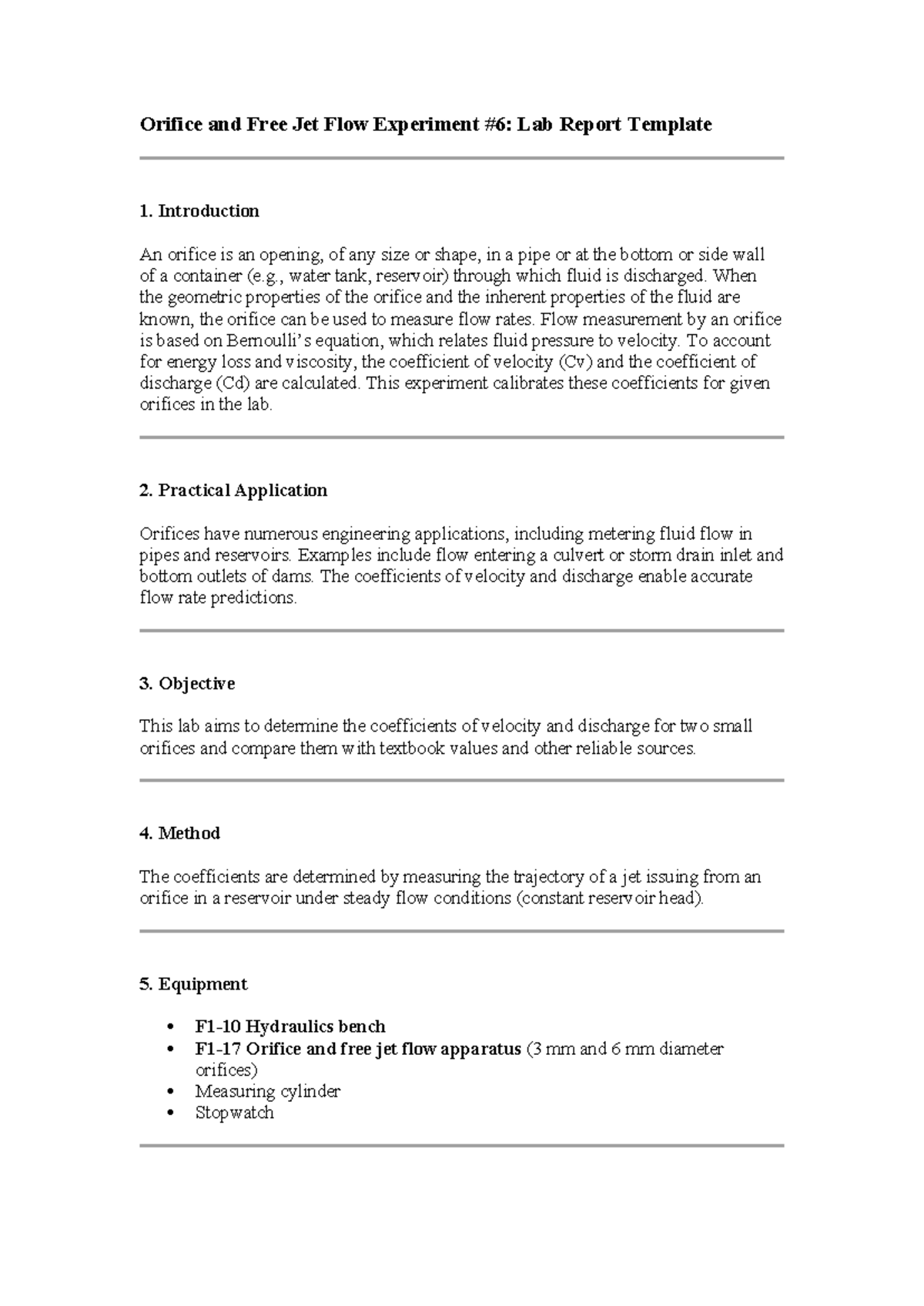 Orifice and Free Jet Flow Lab Report #6: Coefficients of Velocity and ...