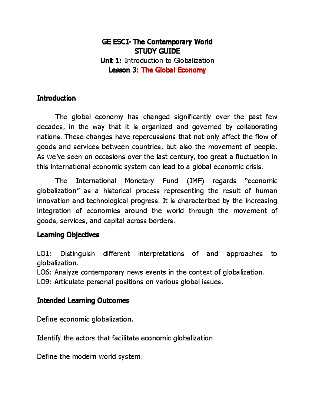 GE ESCI - Study Guide for Lesson 3: Understanding the Global Economy ...