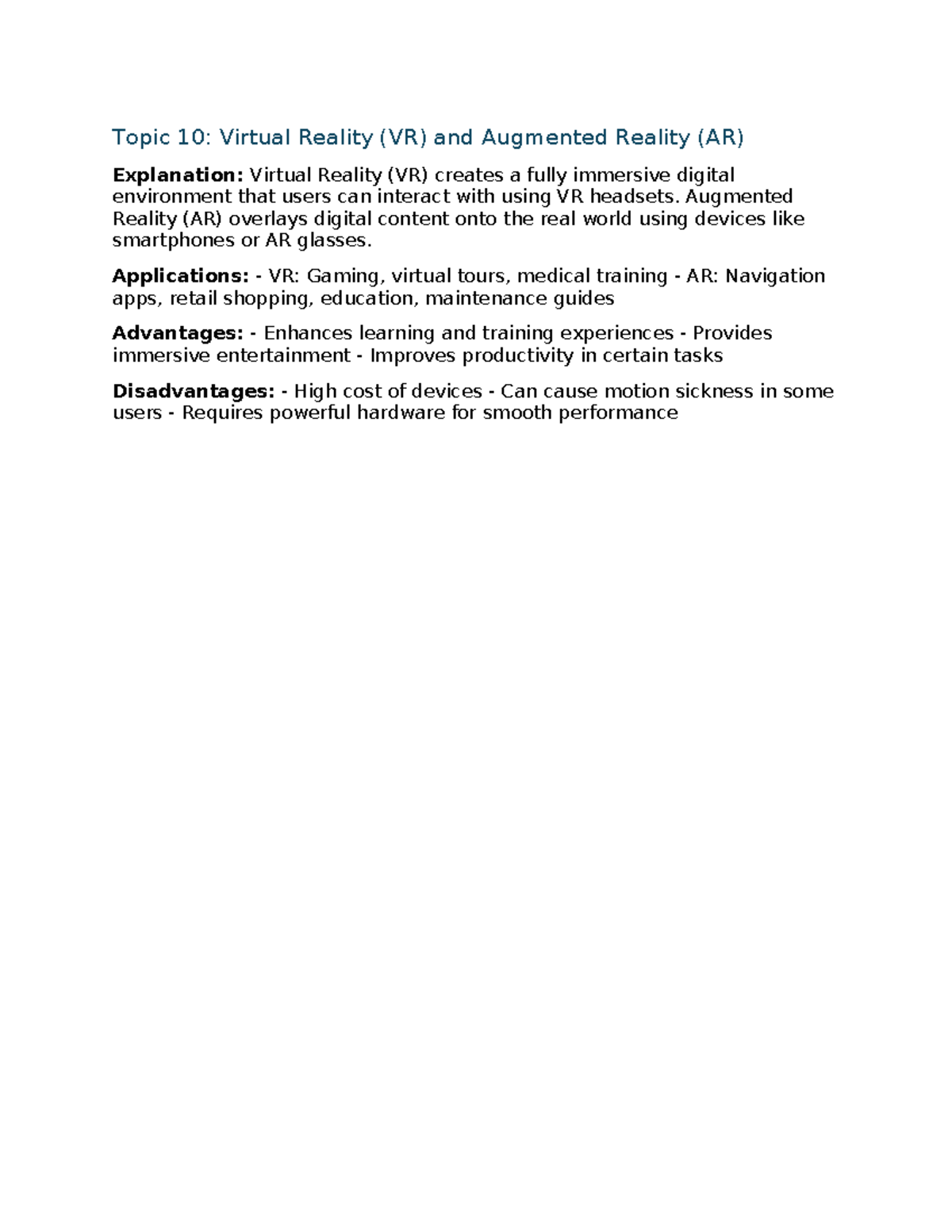 Computer Topics Pdf 10 - yyyyyyyy - Topic 10: Virtual Reality (VR) and ...
