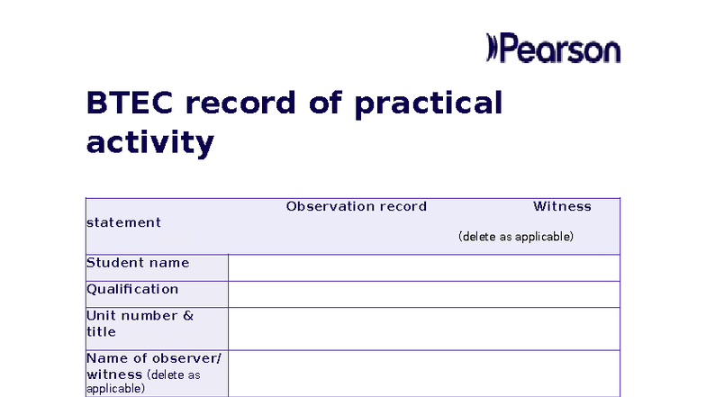 BTEC Practical Activity Record Template - Observation & Evidence - Studocu