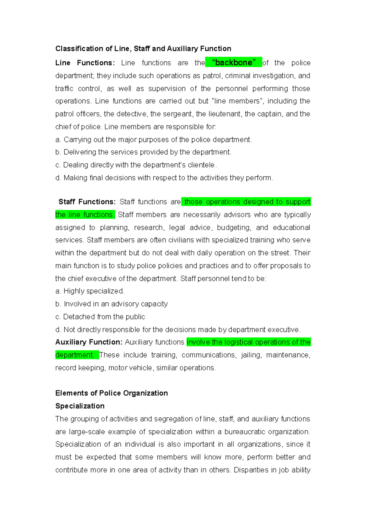 Classification of Line, Staff, and Auxiliary Functions in Police ...