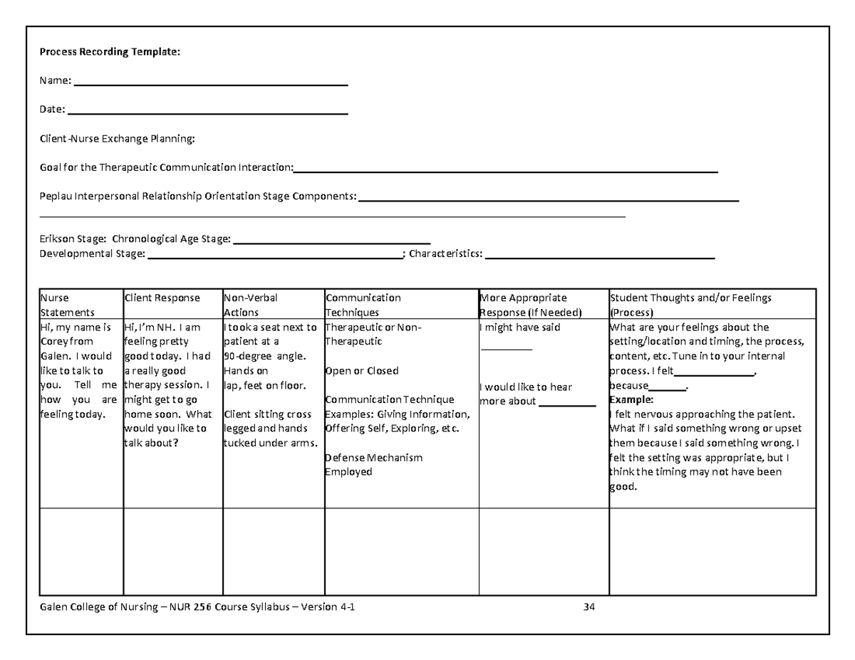NUR 256 Process Recording Template for Therapeutic Communication - Studocu