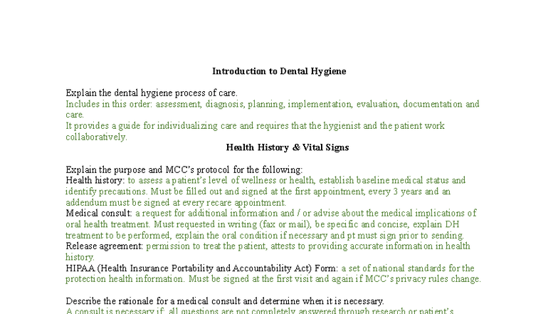 MCC Dental Hygiene Concepts Final Study Guide: Care Process ...