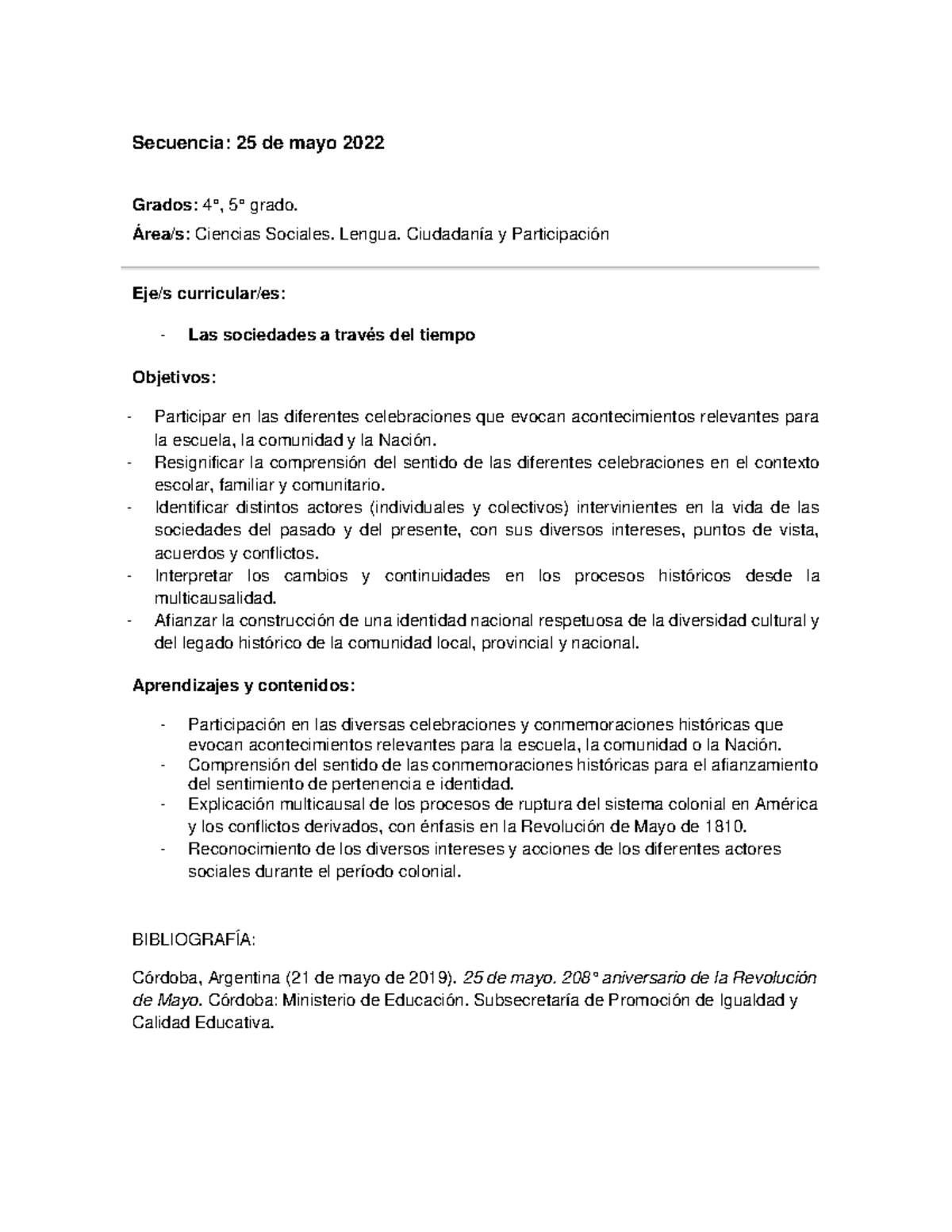 Secuencia Didáctica 25 De Mayo 4 Y 5 Grado En Ciencias Sociales
