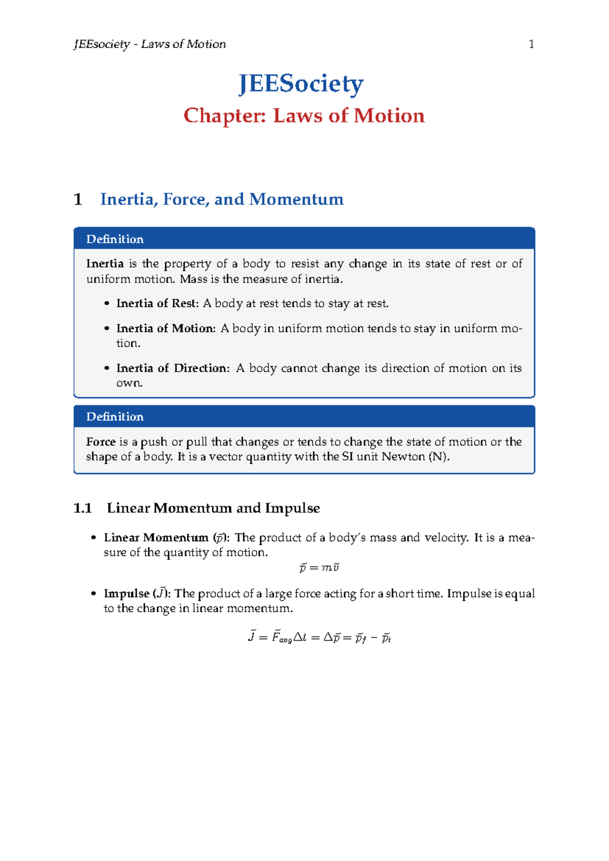 JEESociety Chapter: Laws of Motion 1 - Inertia, Force & Momentum Notes ...