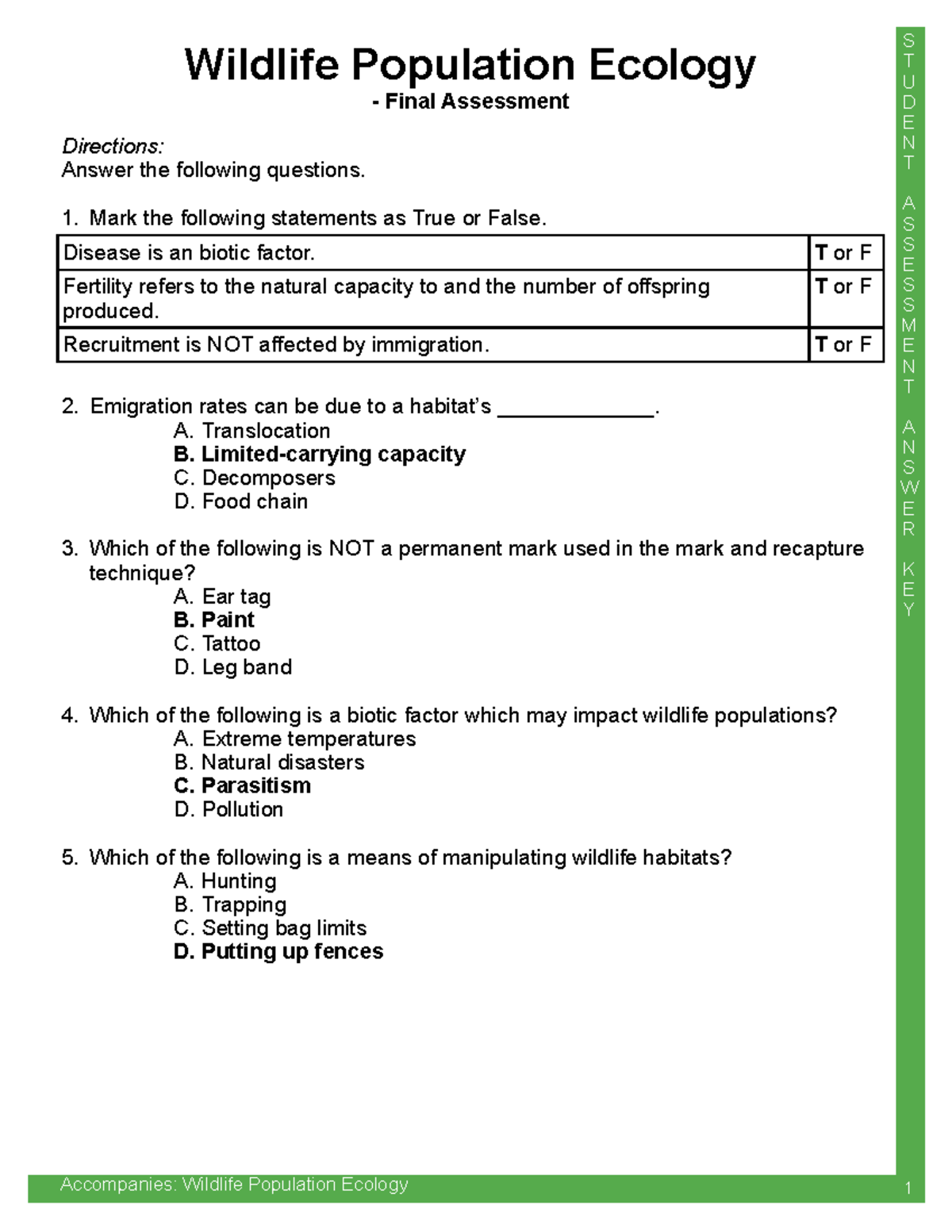 Wildlife Population Ecology 1 - Final Assessment Answer Key - Studocu