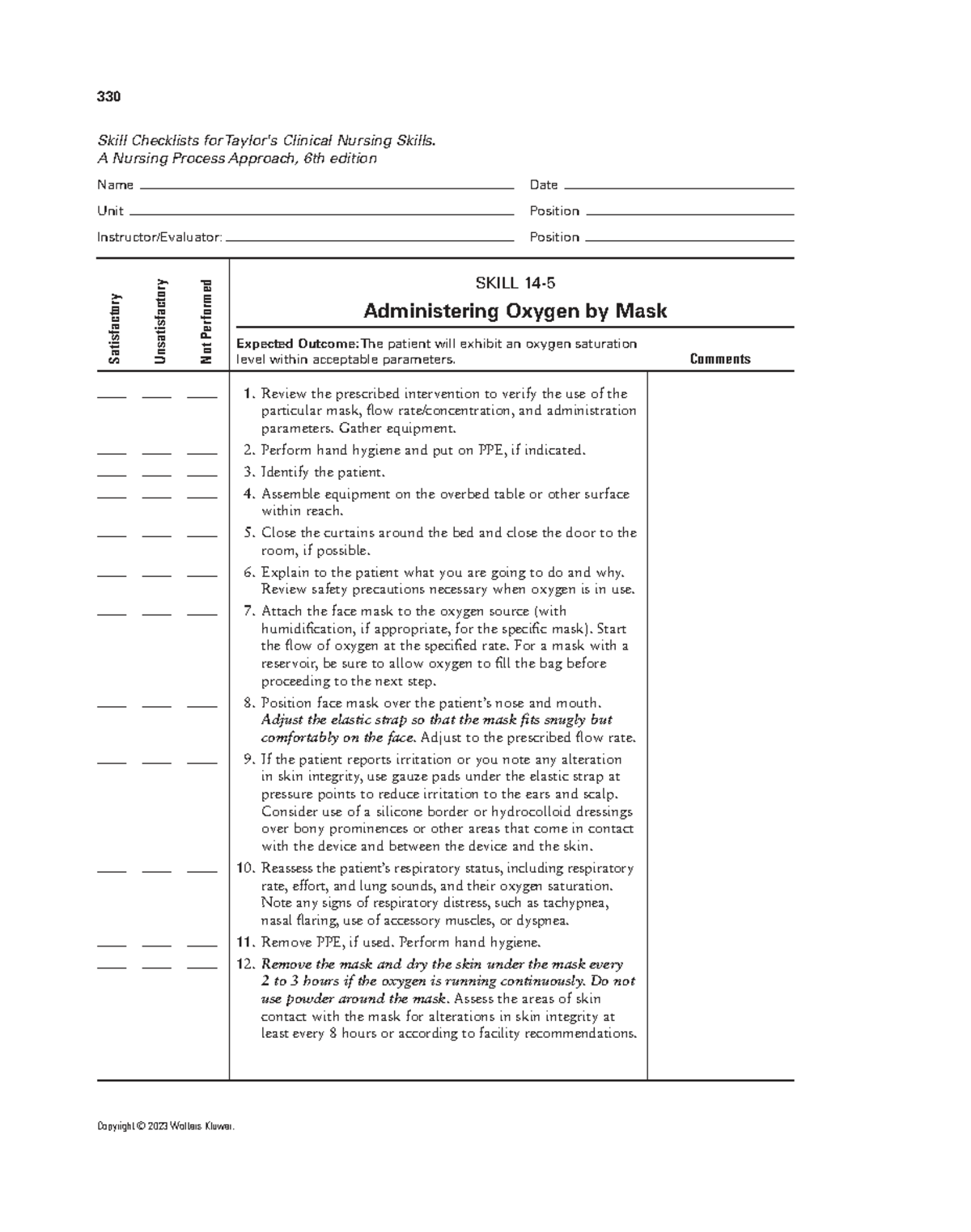 NURS 226 Lab Practice: Administering Oxygen Mask Skill Checklist - Studocu
