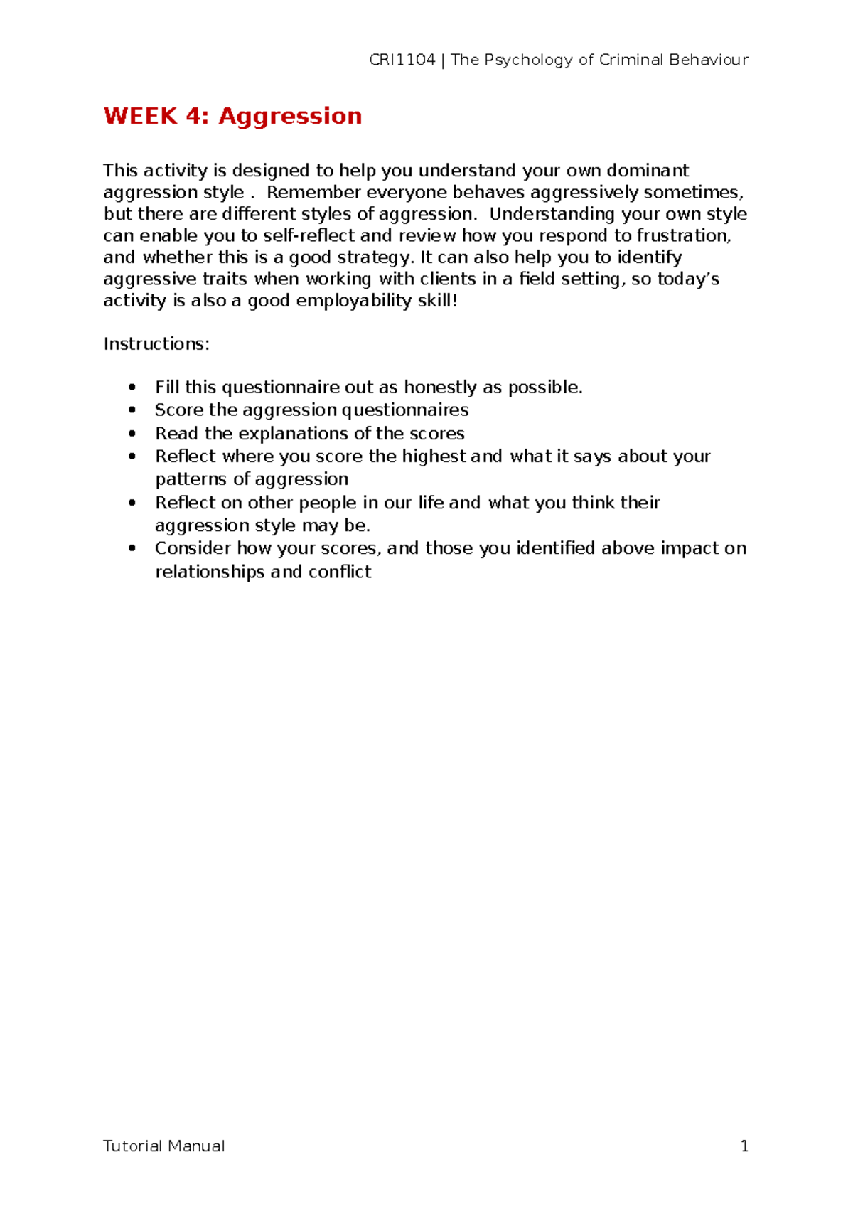 CRI1104 Workshop Activity: Understanding Aggression Styles - Studocu