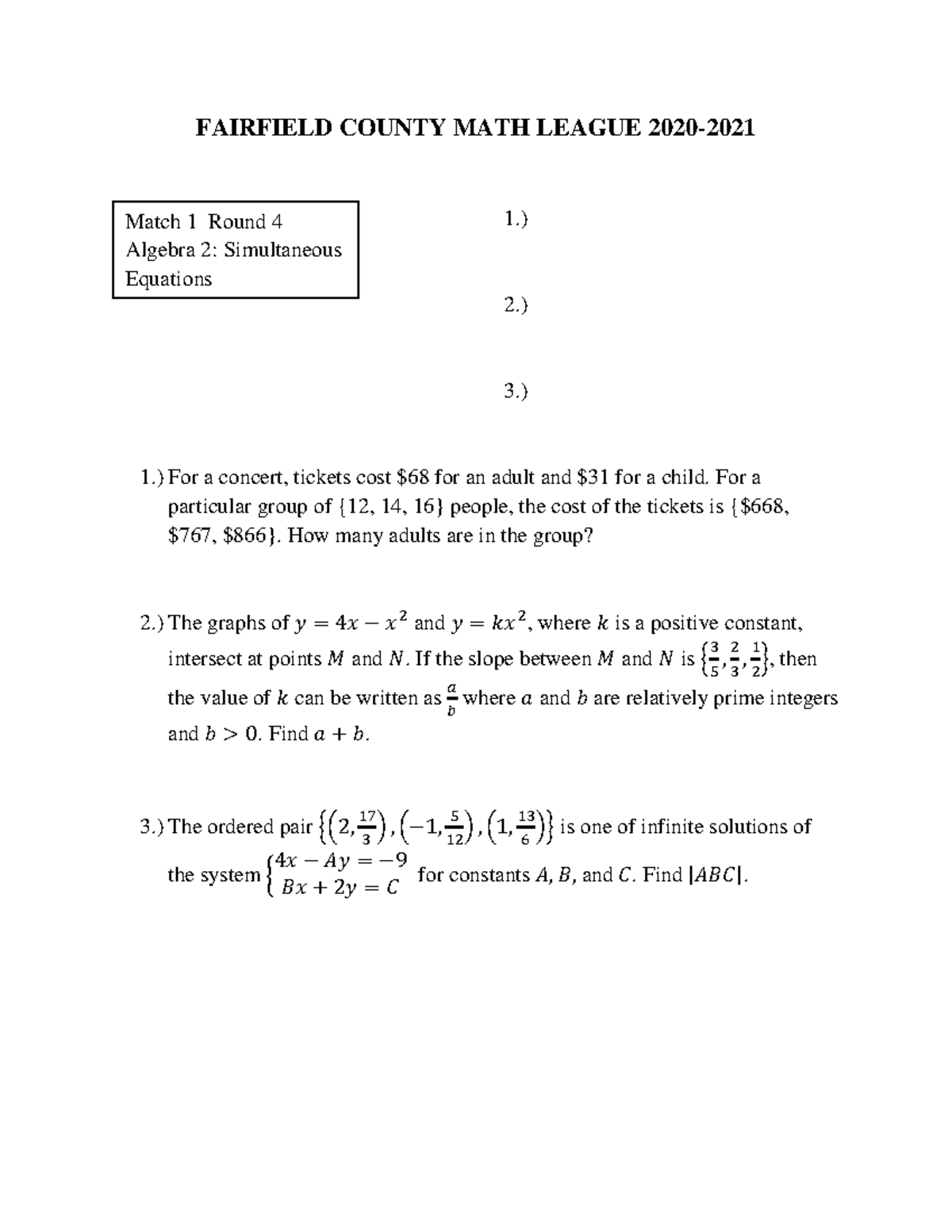 FAIRFIELD COUNTY MATH LEAGUE 2020-2021 Match 1 Problems Without Answers ...