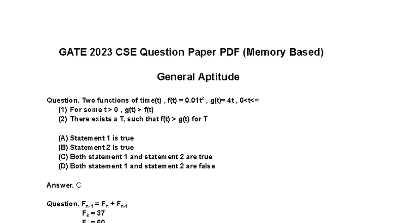 GATE 2023 CSE Memory Based Question Paper PDF - Studocu