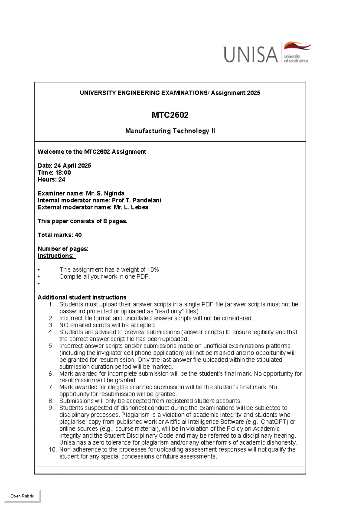 MTC2602 Assignment 2025: Manufacturing Technology II Guide - Studocu