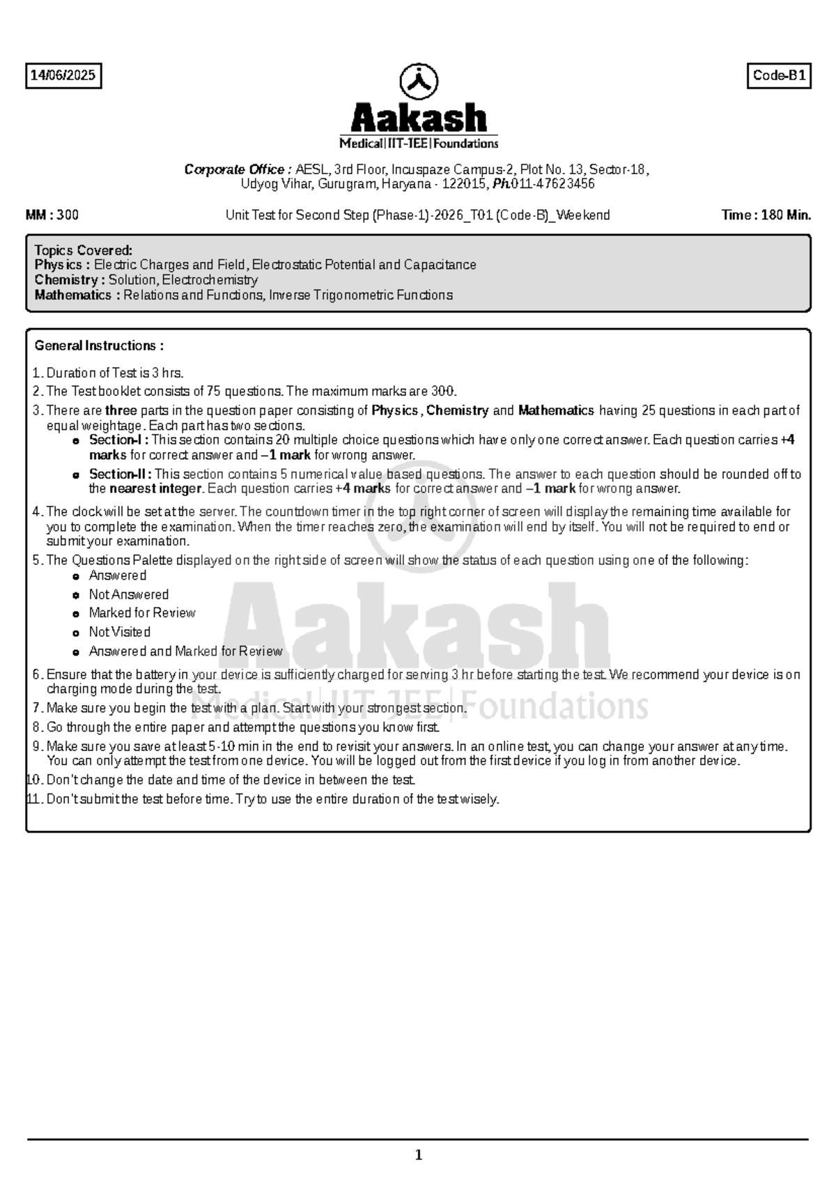 Unit Test for Second Step: Physics, Chemistry & Mathematics (UT01 SS ...