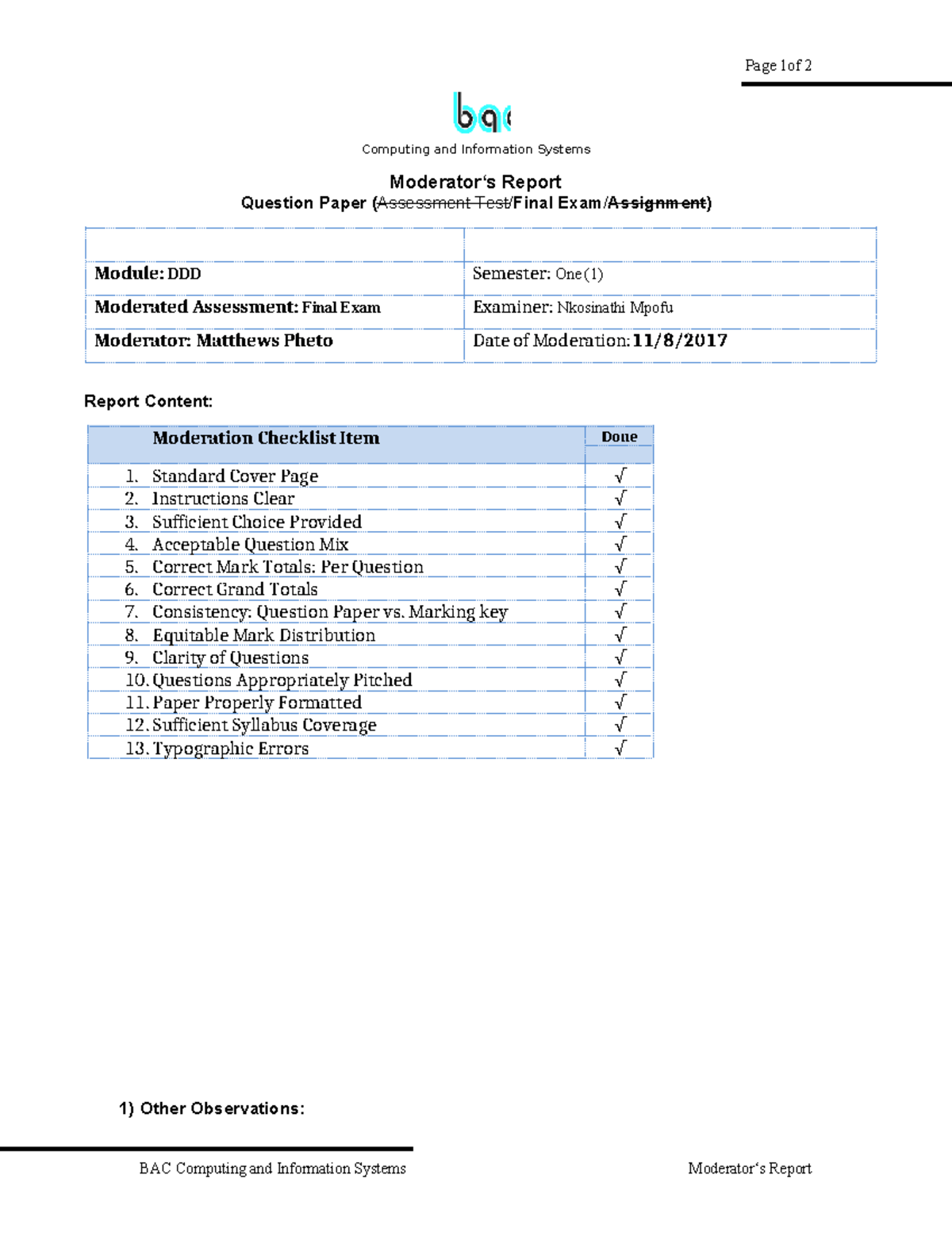 CSE Year 2 Final Exam Question Paper Moderation Report - Studocu