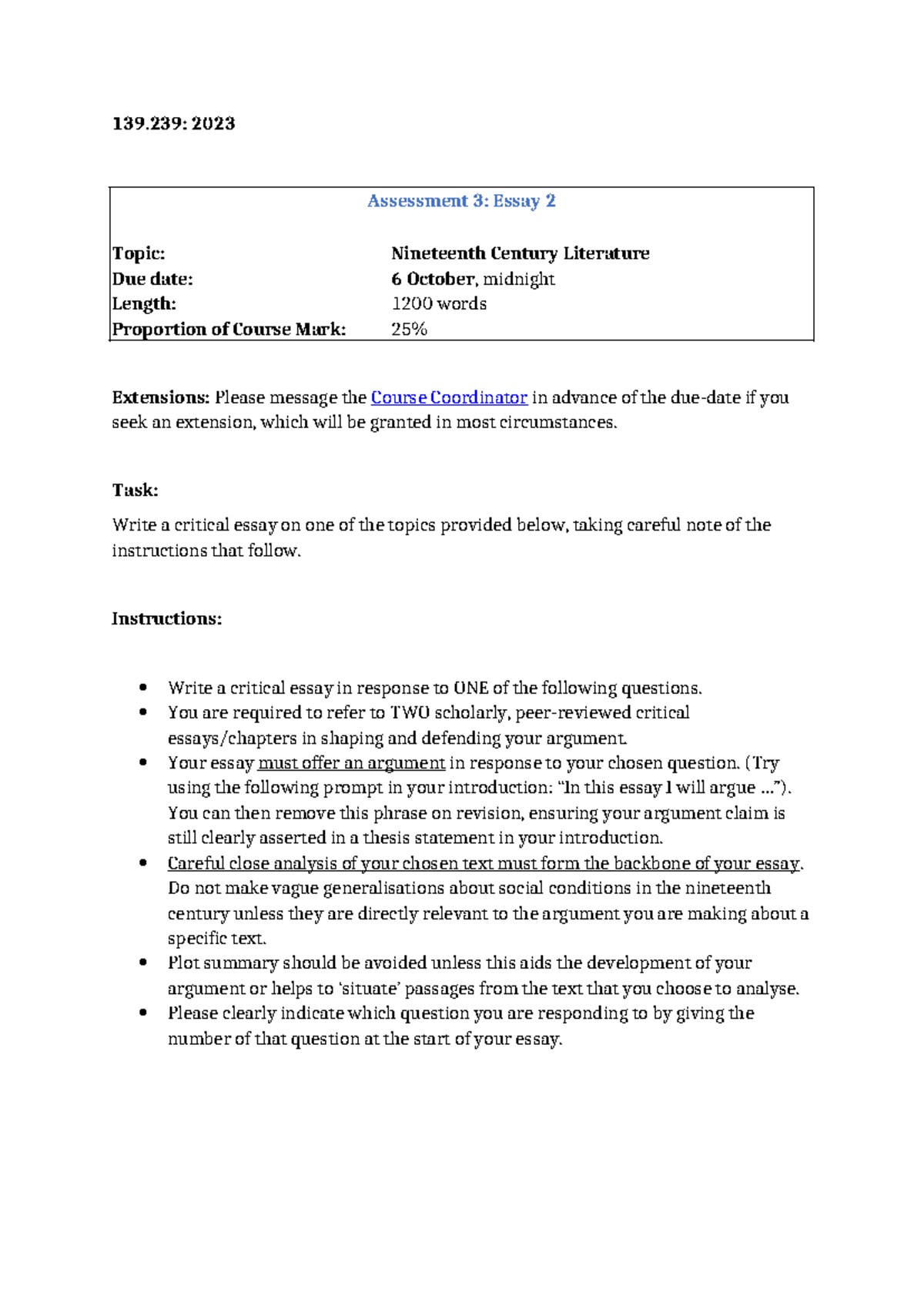 139239 A3 Essay Questions on 19th Century Literature Analysis - Studocu