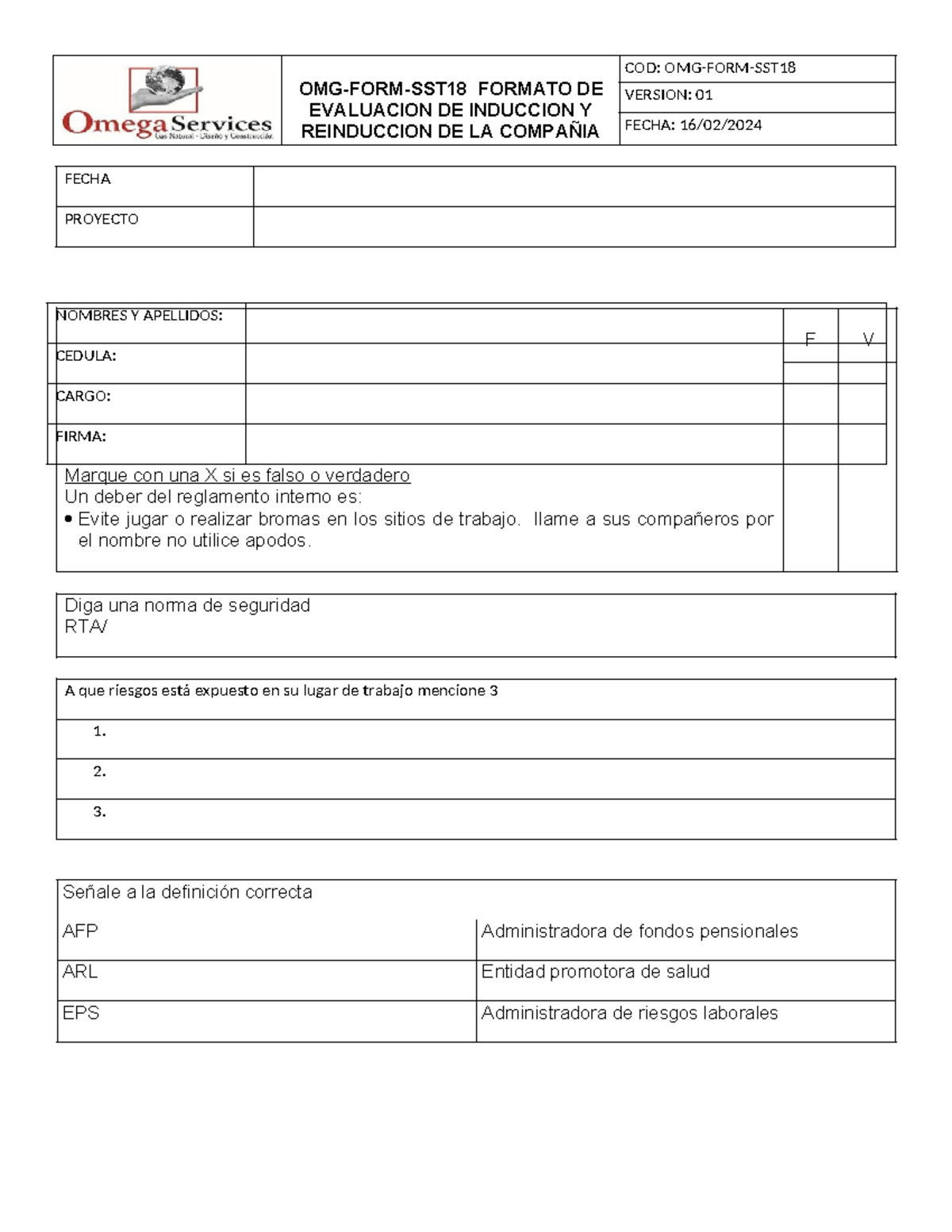 OMG-FORM-SST18 Formato DE Evaluacion DE Induccion Y Reinduccion DE LA ...