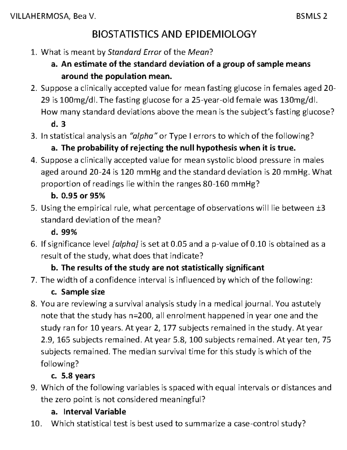 epidemiology practice - VILLAHERMOSA, Bea V. BSMLS 2 BIOSTATISTICS AND ...
