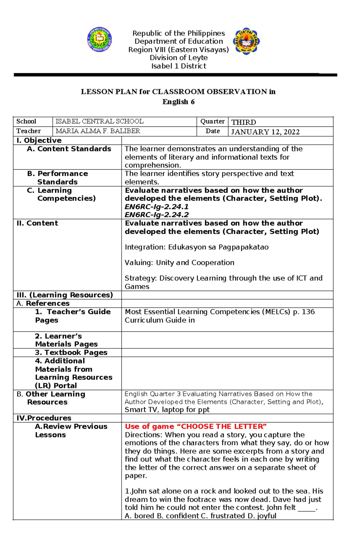 CO English 6 Lesson Plan: Evaluating Narratives (3rd Quarter) - Studocu