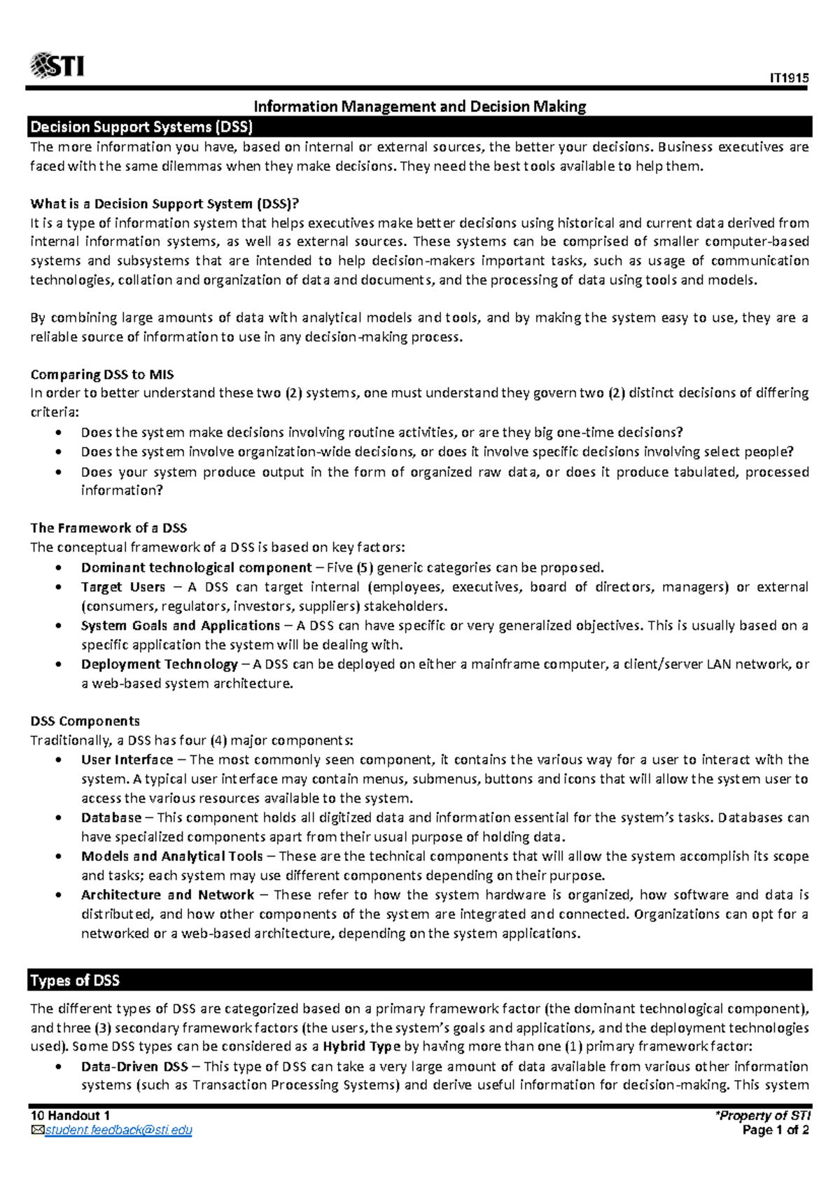 IT1915 Final Exam Notes on Decision Support Systems (DSS) - Studocu