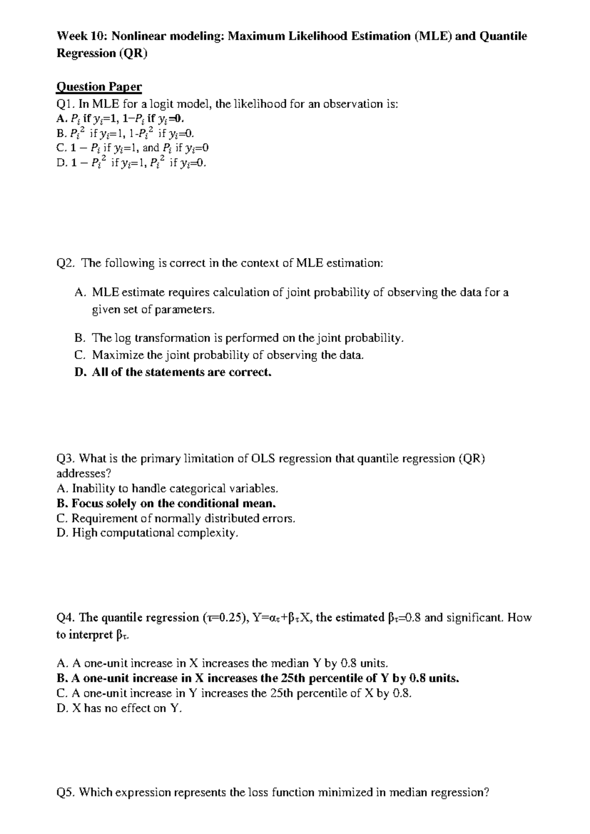 Week 10: Nonlinear Modeling - MLE & QR Question Paper (NPTEL) - Studocu