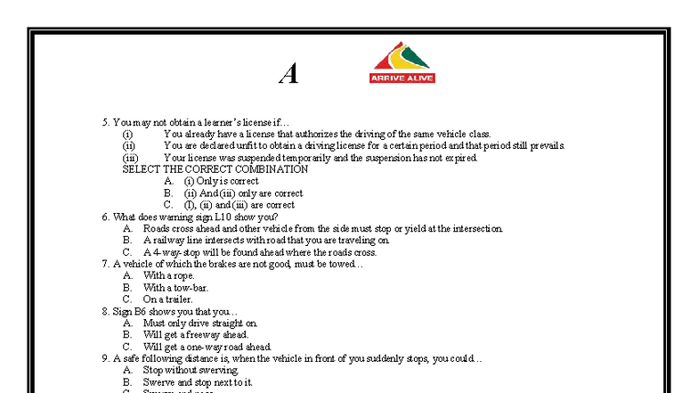 Driving License Test Questions and Answers (CODE 2 & CODE 3) - Studocu