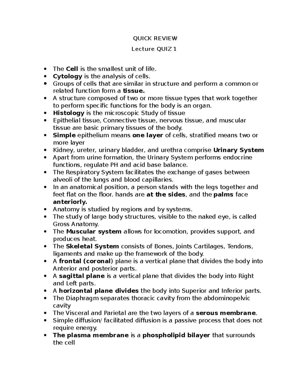 Lecture Quiz 1: Quick Review of Cell Biology and Anatomy - Studocu